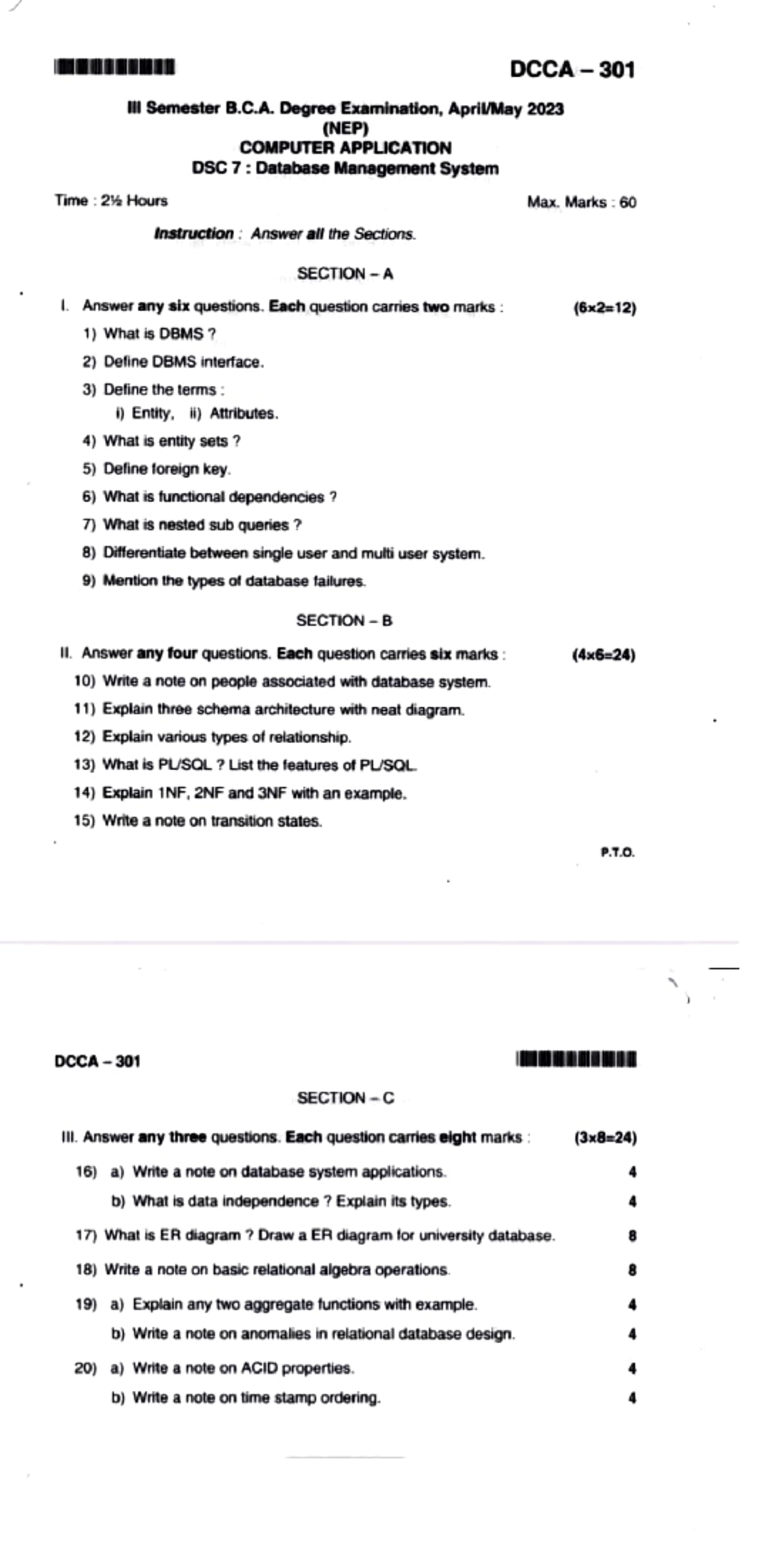 DBMS 301: Previous Year Question Papers for B.C.A. Degree Exam - Studocu