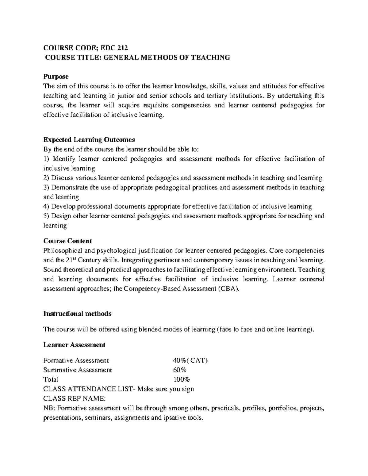 EDC 212 General Methods of Teaching: Course Overview and Key Concepts ...