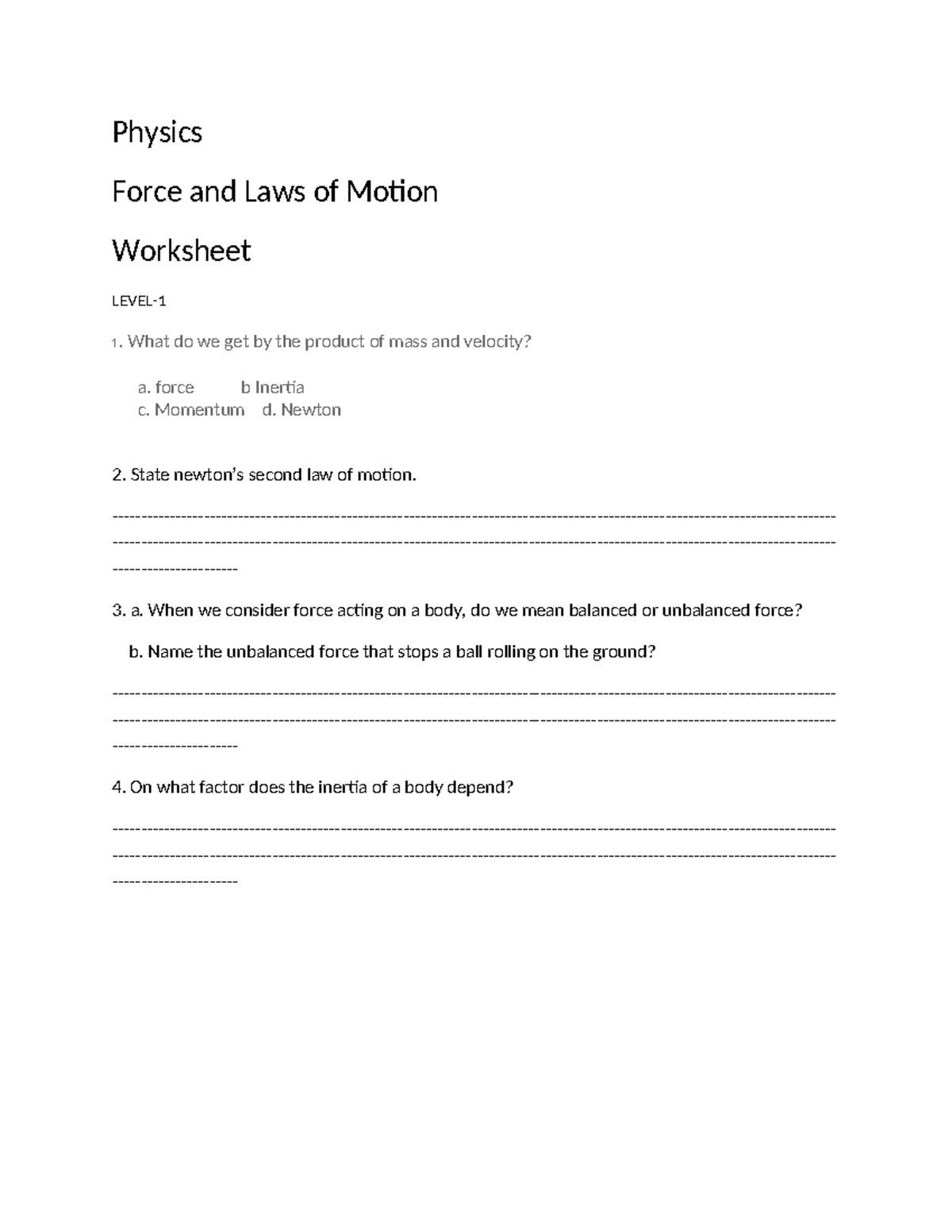 Grade 9 Physics Worksheet: Force and Laws of Motion - Studocu