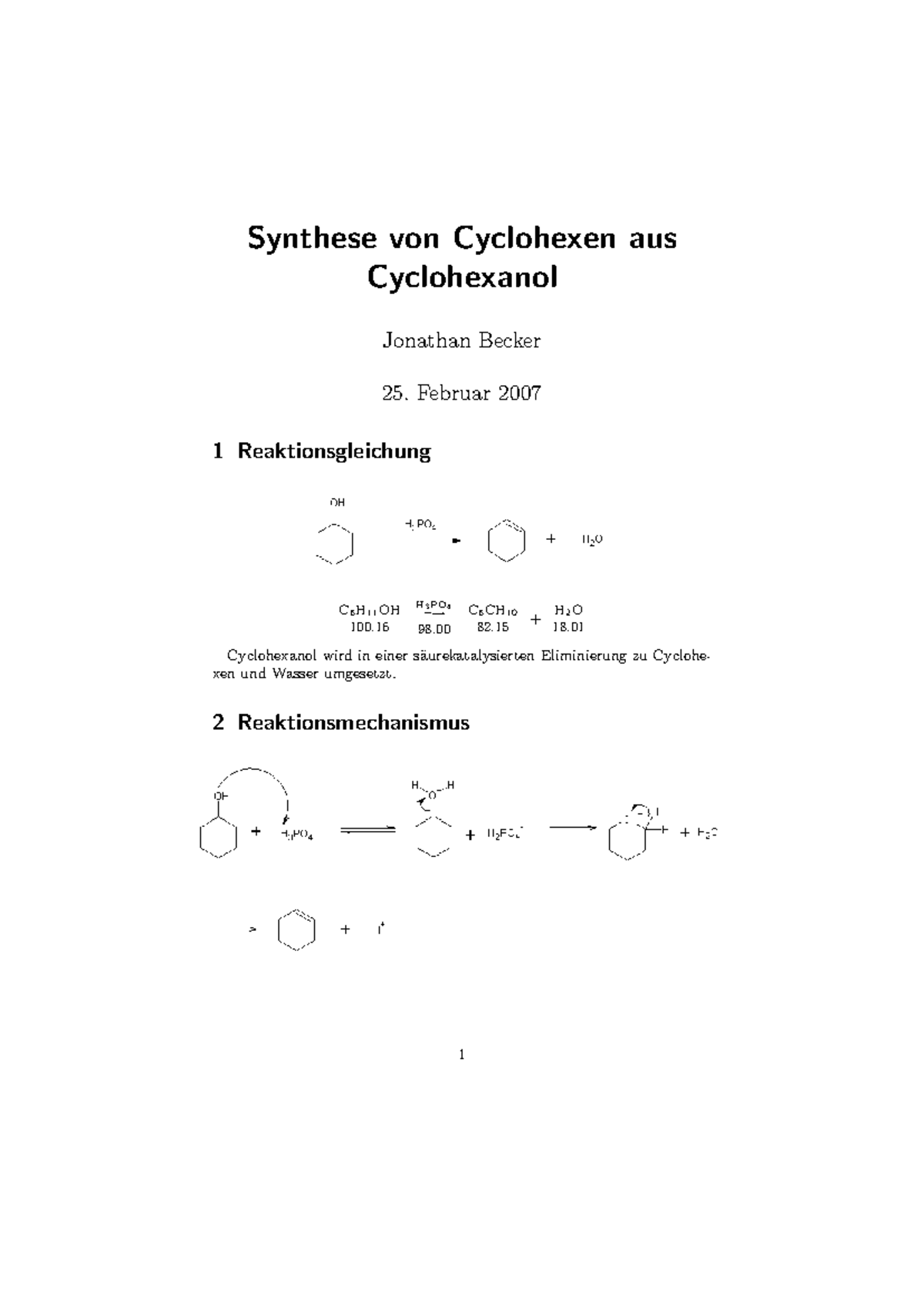 Synthese von Cyclohexen aus Cyclohexanol für WS 2007 - Studocu
