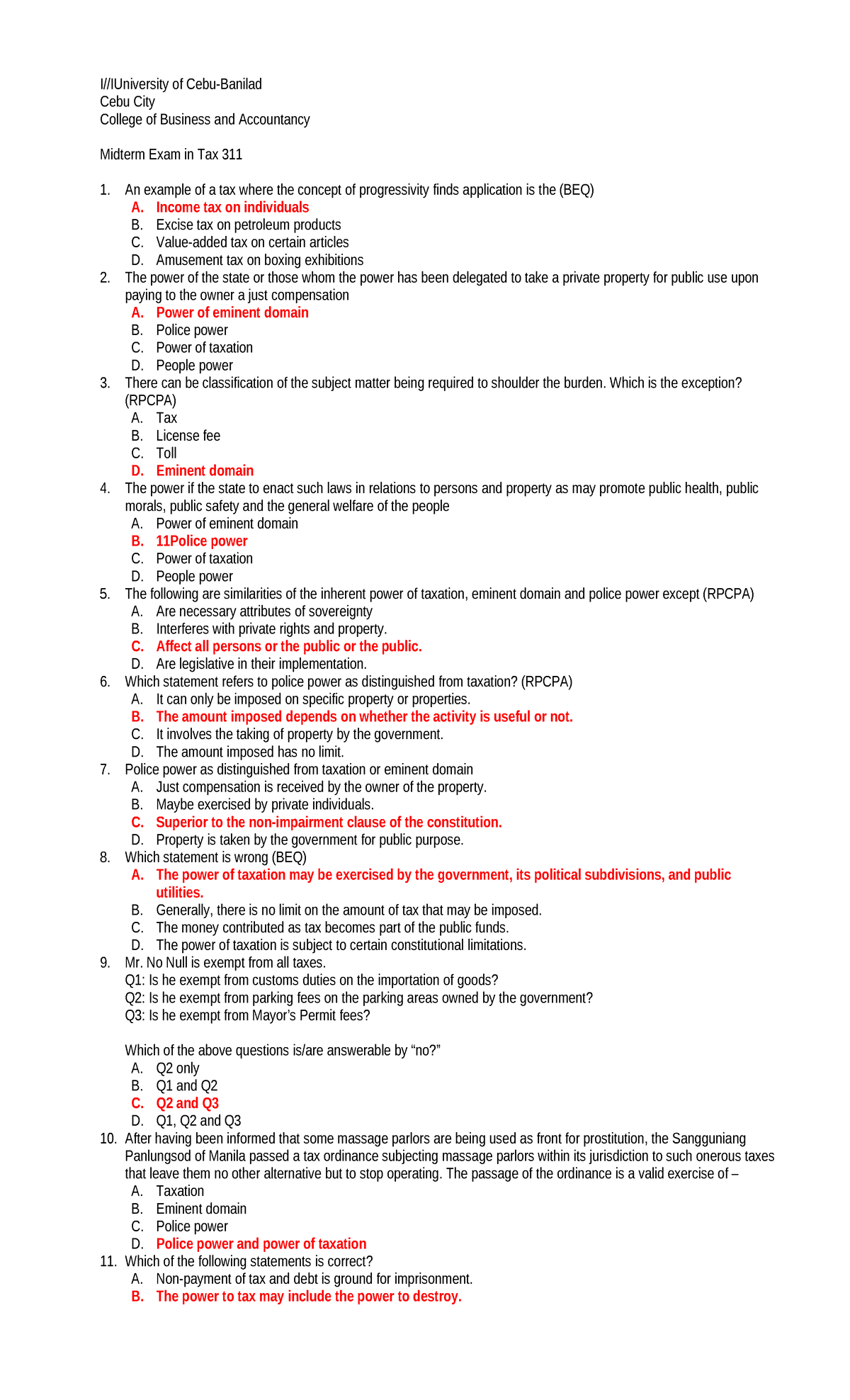 Midterm Exam Key for TAX 311: Taxation Concepts and Applications - Studocu