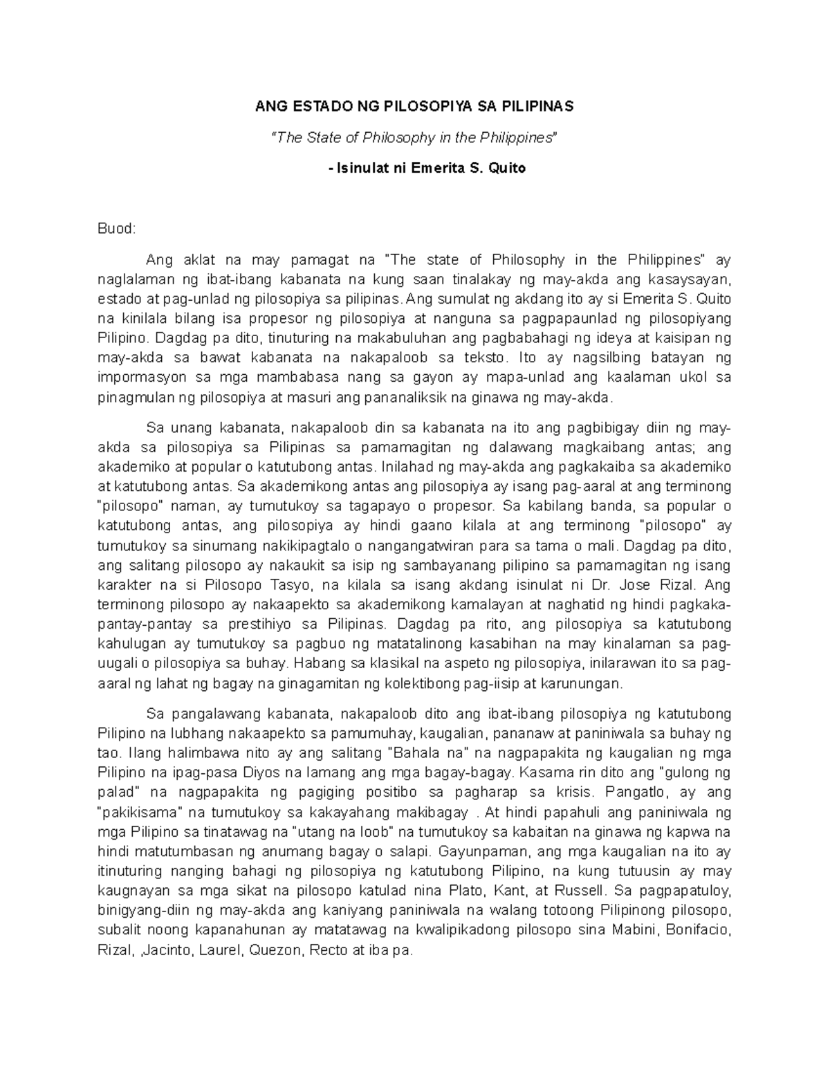 ANG Estado ng Pilosopiya sa Pilipinas: Pagsusuri at Pag-unawa 1 - Studocu