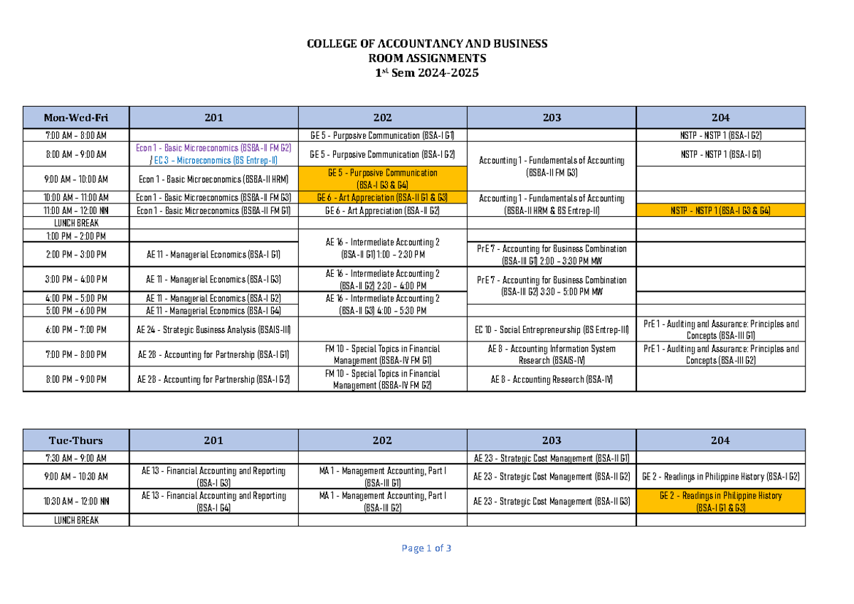 BSA and Bsais 1st Sem 2024 2025 Room Assignment Updated - COLLEGE OF ACCOUNTANCY AND BUSINESS ...