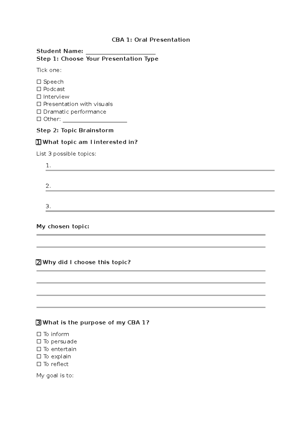 CBA 1: Oral Presentation Planning and Brainstorming Guide - Studocu