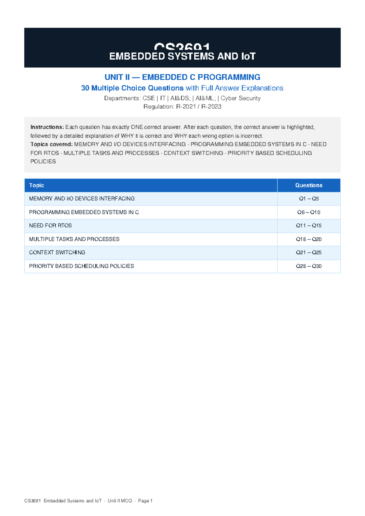 CS3691 Embedded Systems and IoT Unit II MCQ Study Guide with ...