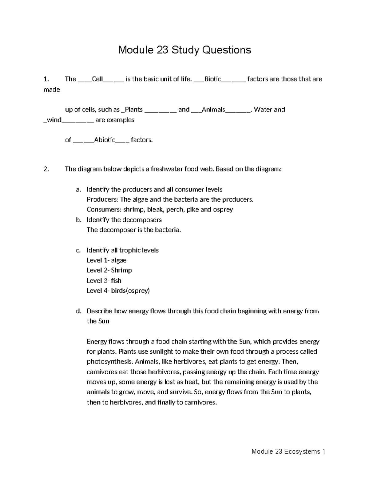 Module 23 Study Questions: Ecosystems, Energy, and Biogeochemical ...