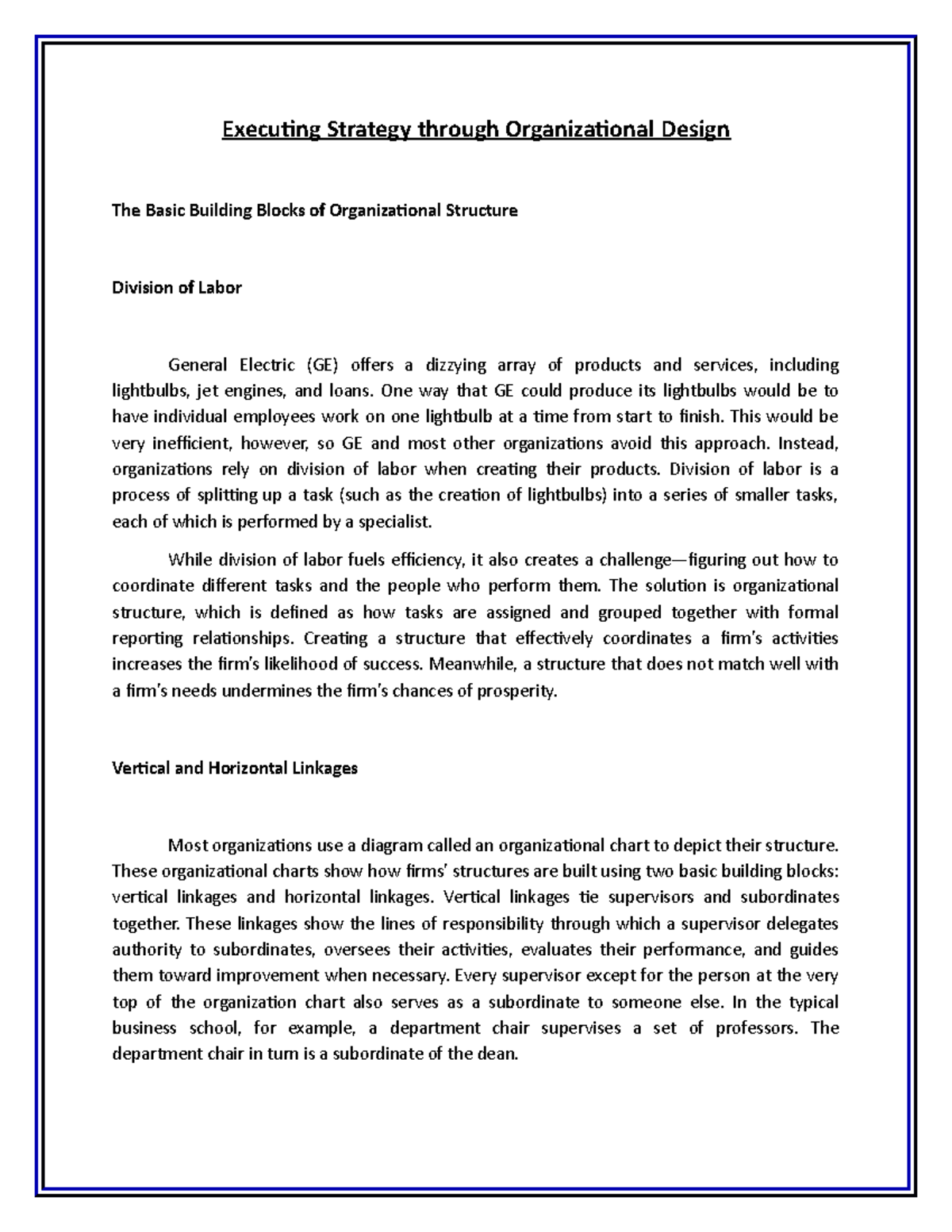 Executing Strategy through Organizational Design - Strategic Management - TIP - Studocu