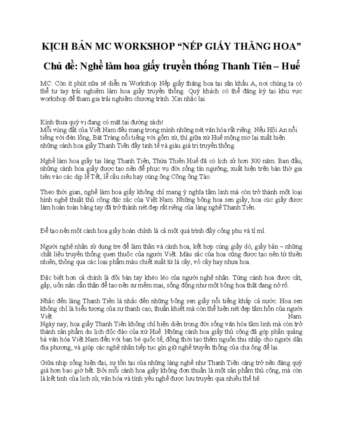 KỊCH BẢN MC WORKSHOP GIẤY THĂNG - Nghề Hoa Giấy Thanh Tiên Huế - Studocu