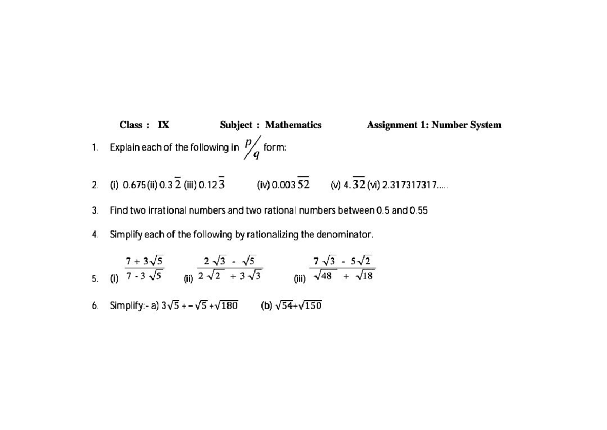 IX Math Assignment 1: Exploring the Number System - Studocu