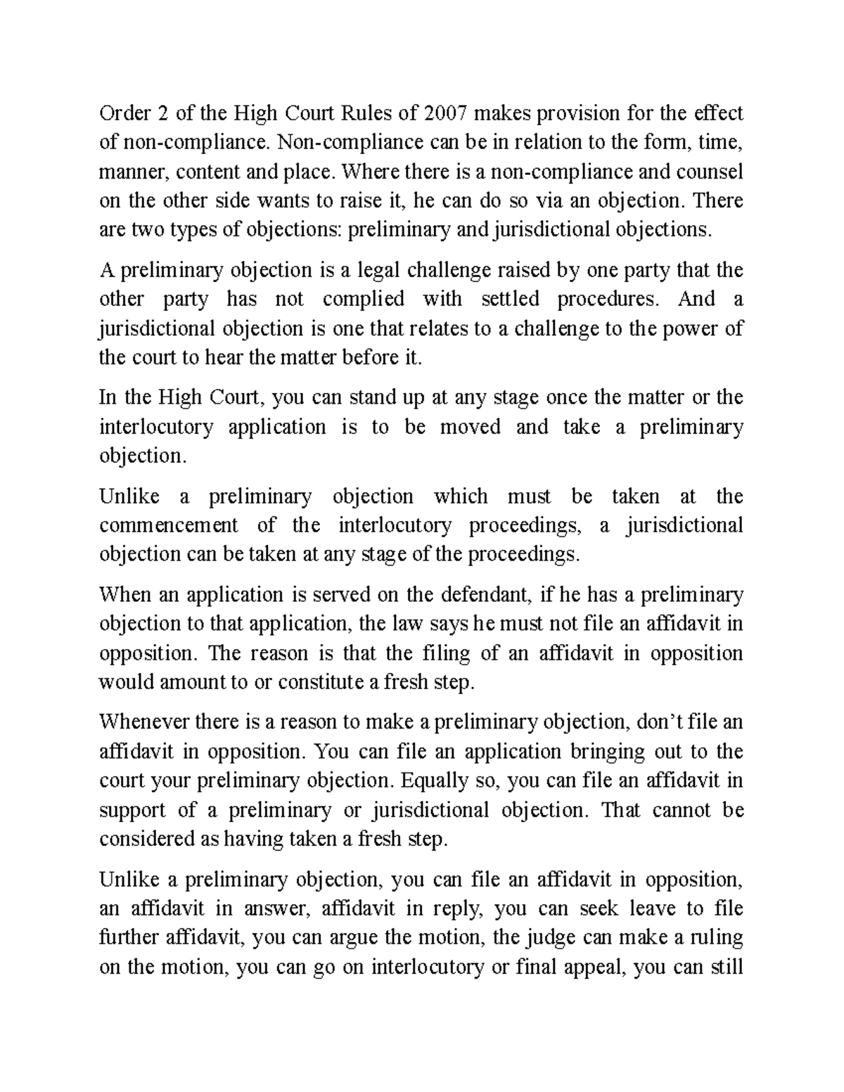 Preliminary and Jurisdictional Objections in High Court Rules (2007 ...