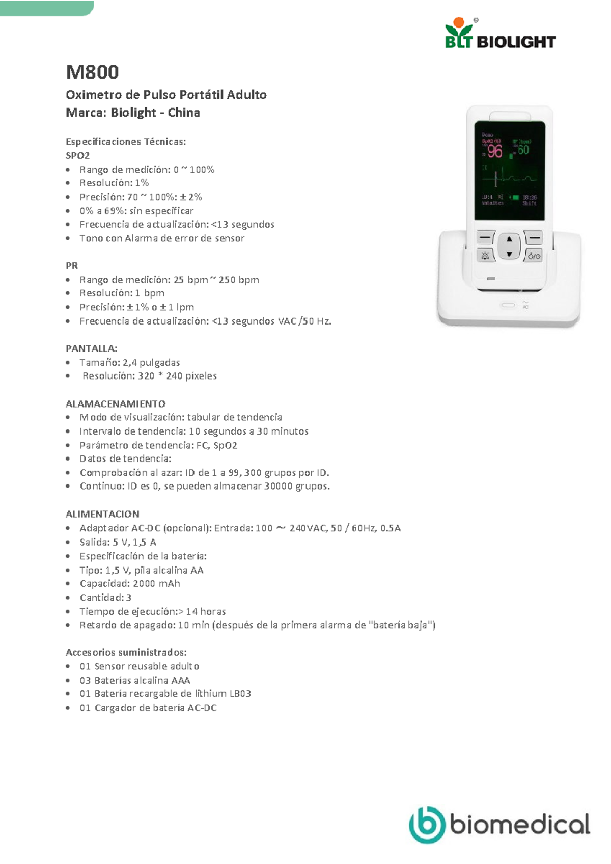Biolight M800 Adulto Oximetro - M Oximetro de Pulso Portátil Adulto ...