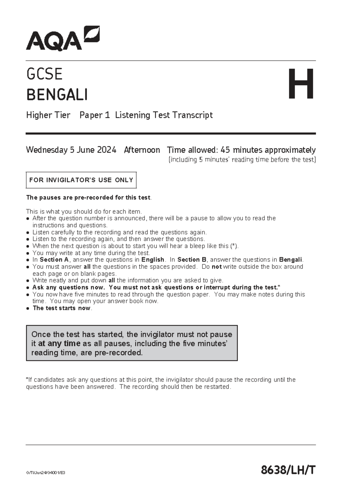 GCSE BENGALI Higher Tier Listening Test Transcript - 5 June 2024 PM ...