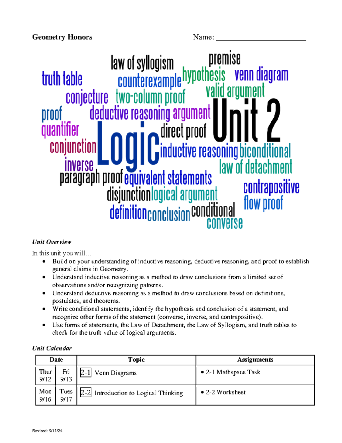 Geometry Proofs and Logical Arguments Guide - Geometry Honors - Revised ...