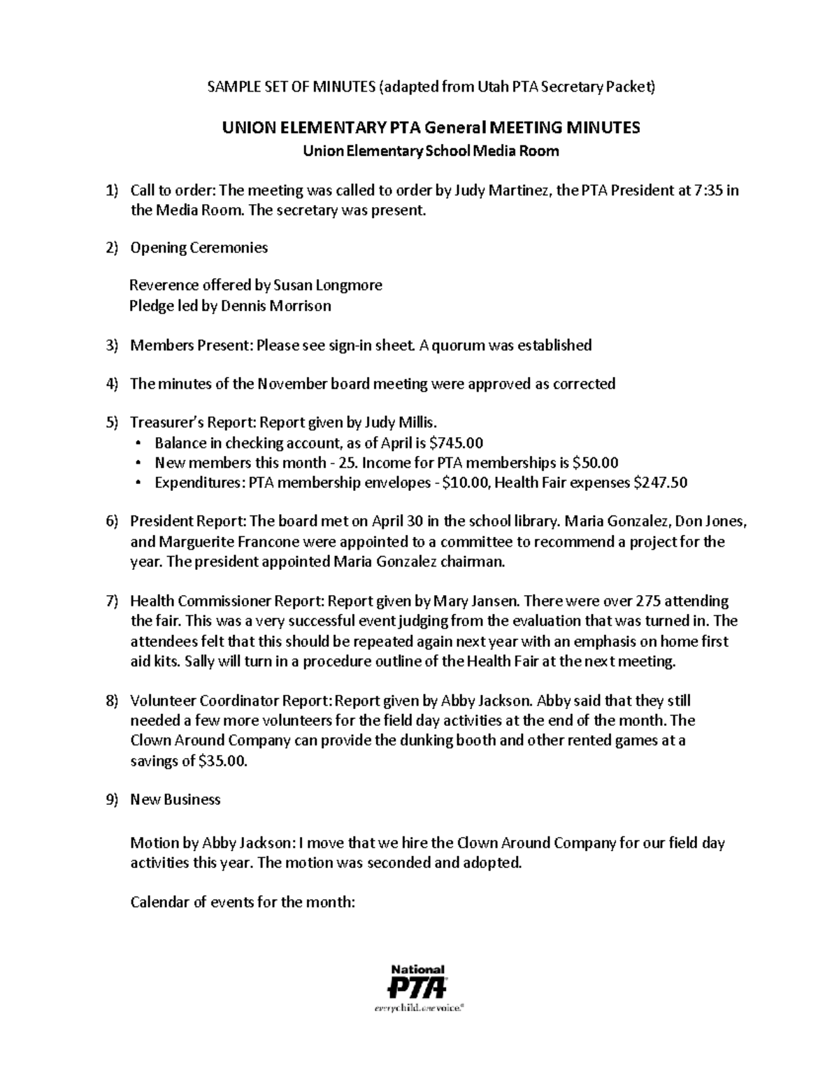 Sample-minutes - Homeroom pta meeting - SAMPLE SET OF MINUTES (adapted ...