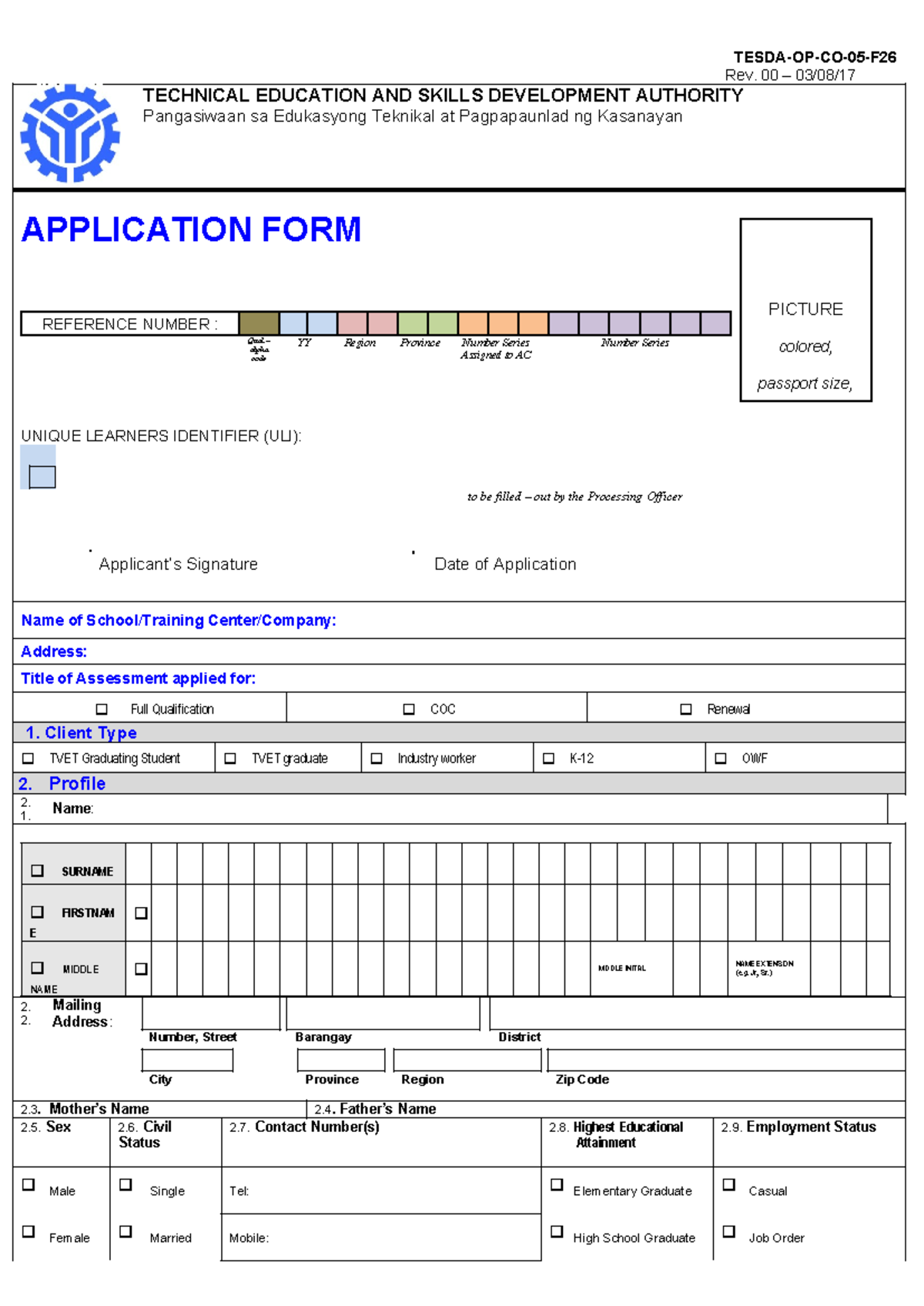 TESDA OP CO 05 F26 Application Form for Technical Assessment - Studocu
