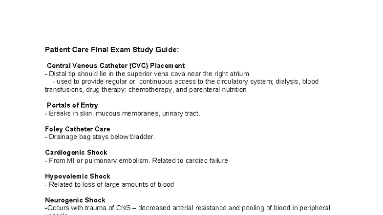 Patient Care CVC Placement Final Exam Study Guide - Studocu