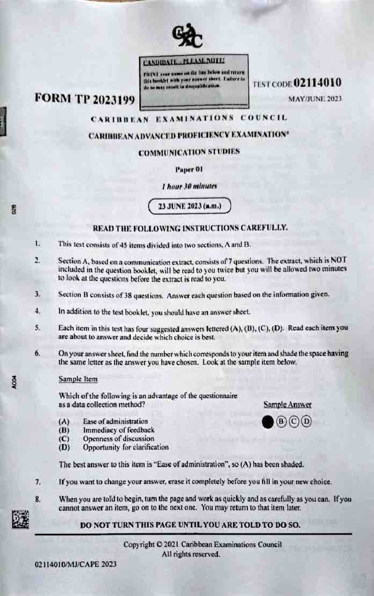 CAPE Communication Studies P1 2023: Exam Instructions & Sample Items ...