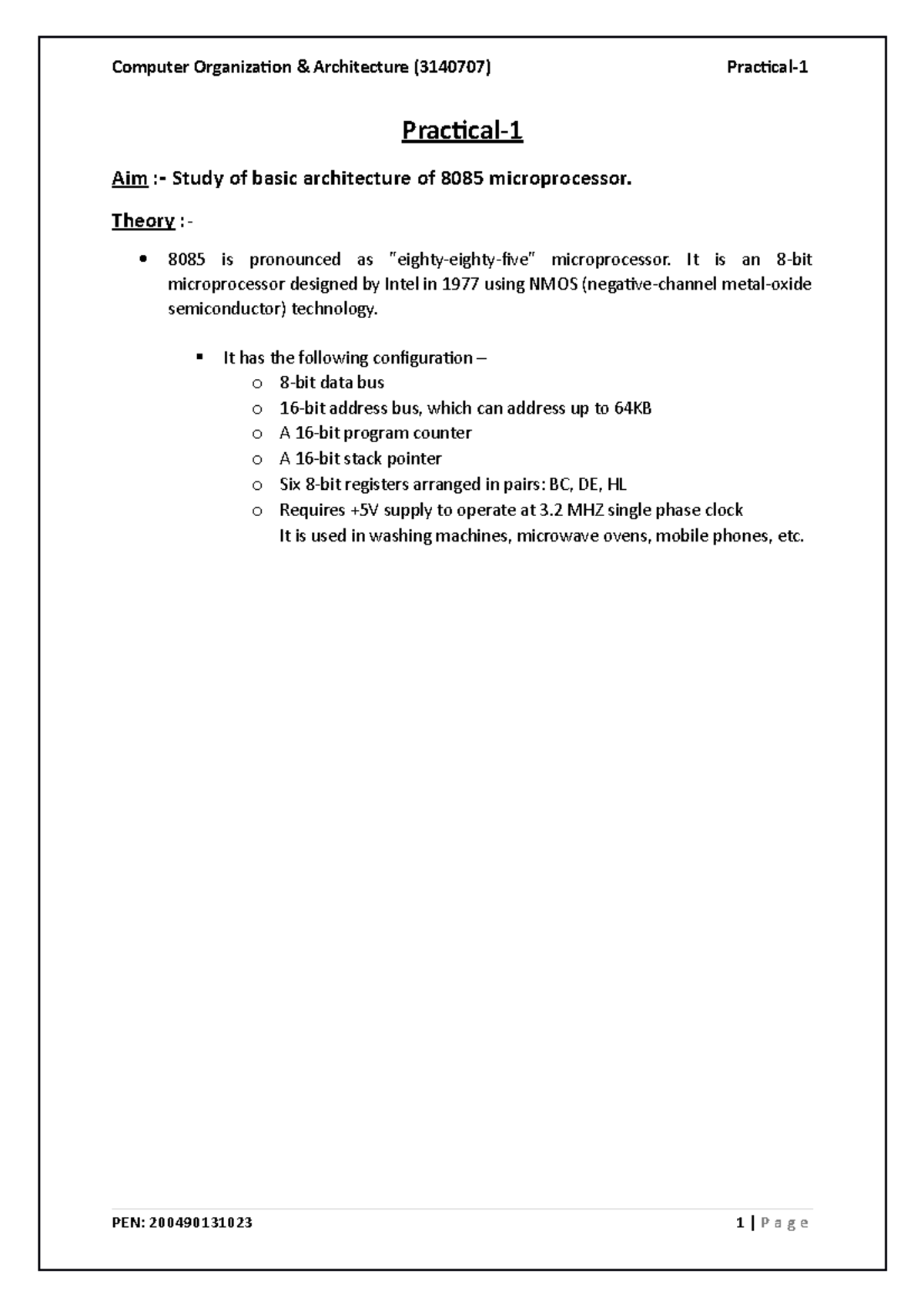 COA Practical List - Practical- Aim :- Study of basic architecture of 8085 microprocessor ...