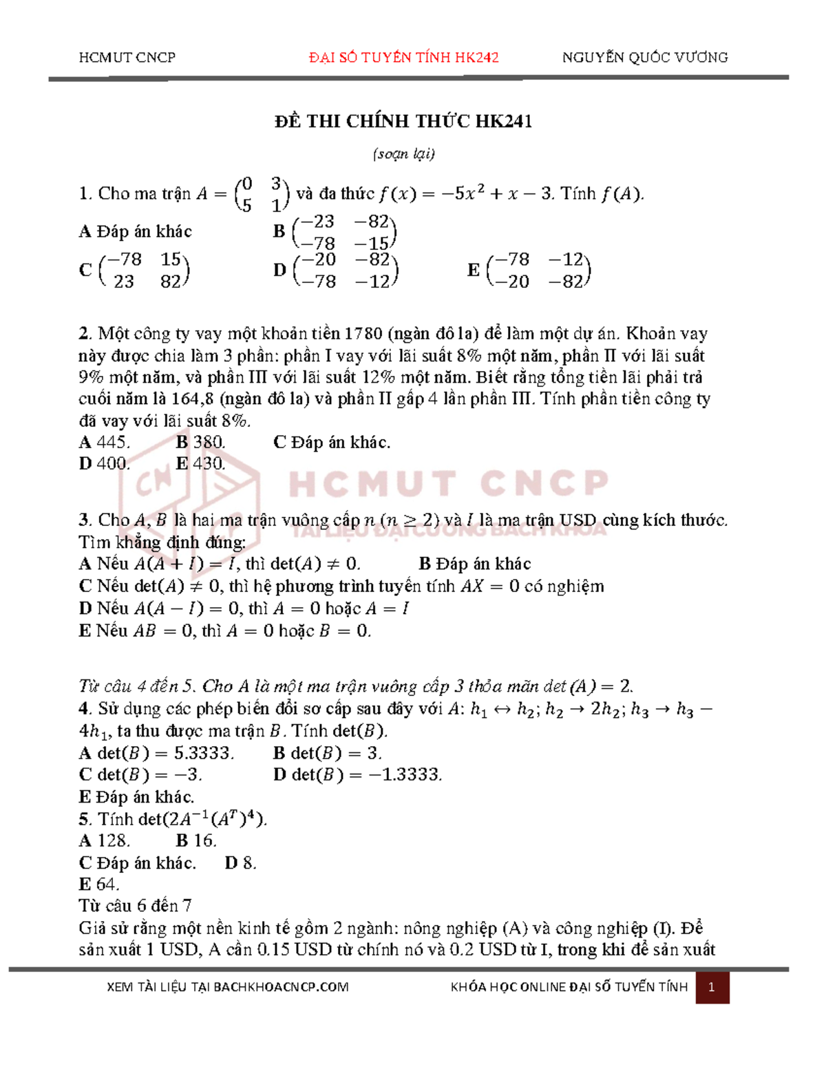 Đề Thi Chính Thức HK241 - Đại Số Tuyến Tính, Các Câu Hỏi & Giải Thích ...