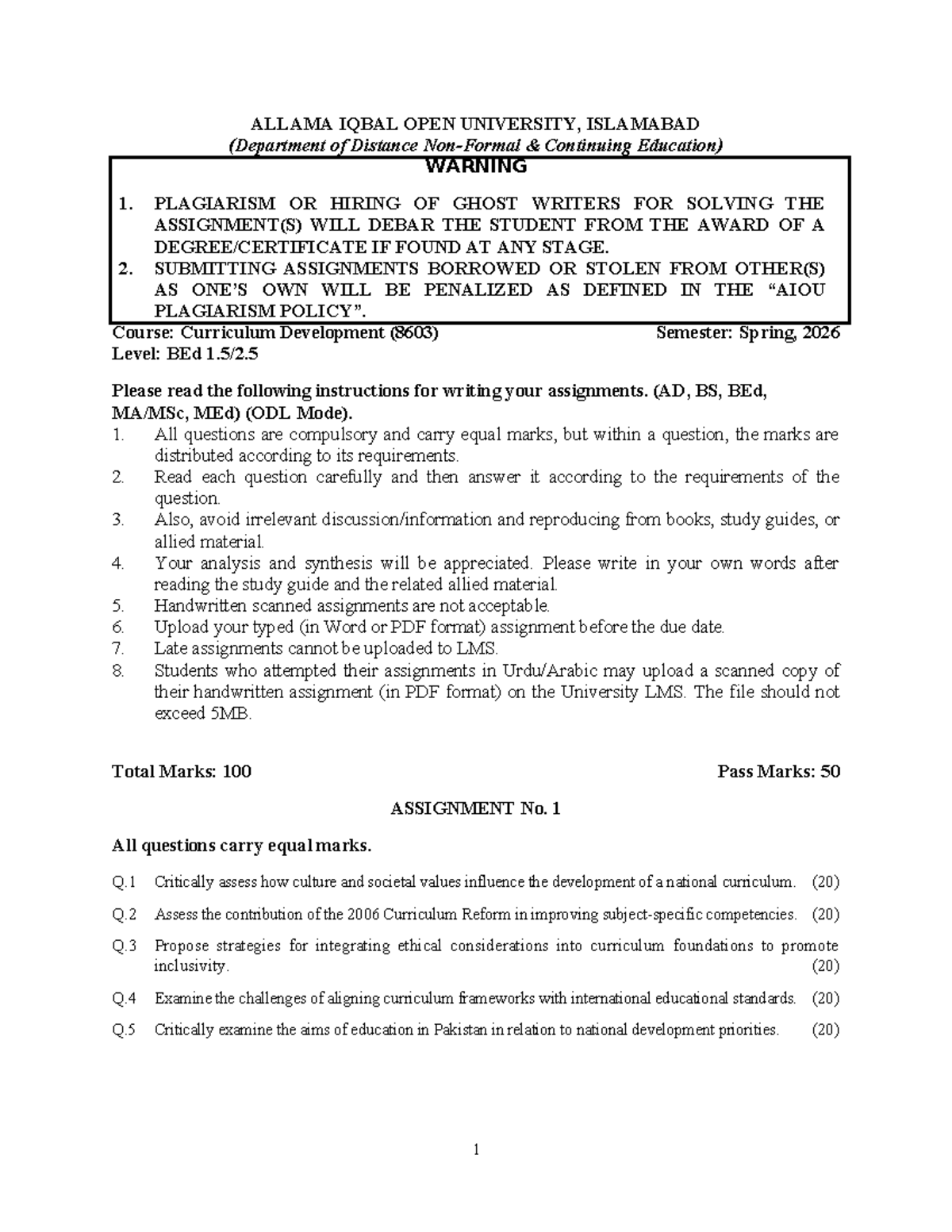 Curriculum Development (8603) Assignment Guidelines - Spring 2026 - Studocu