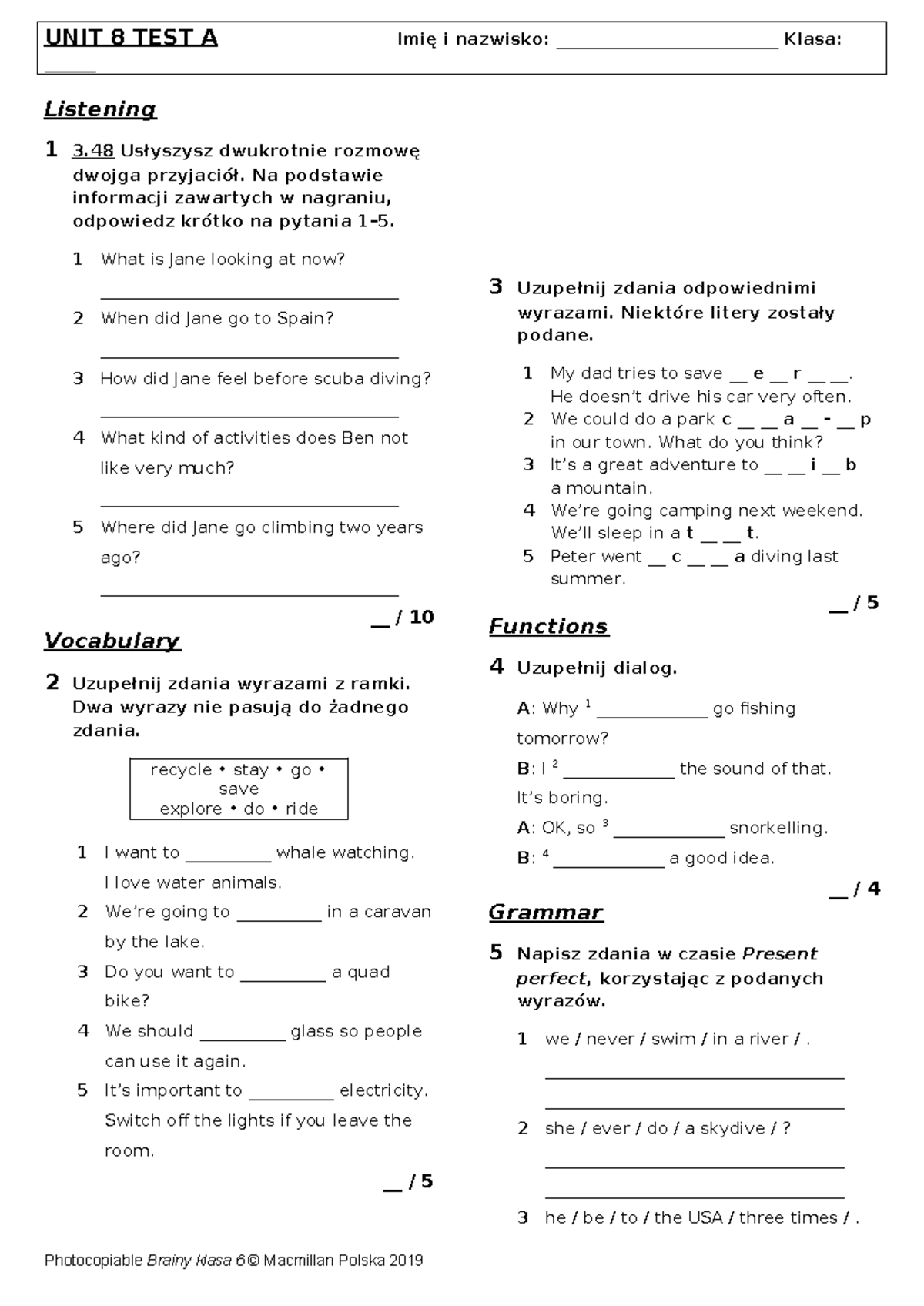 Brainy kl6 Unit 8 Test A - Listening and Grammar Exercises - Studocu