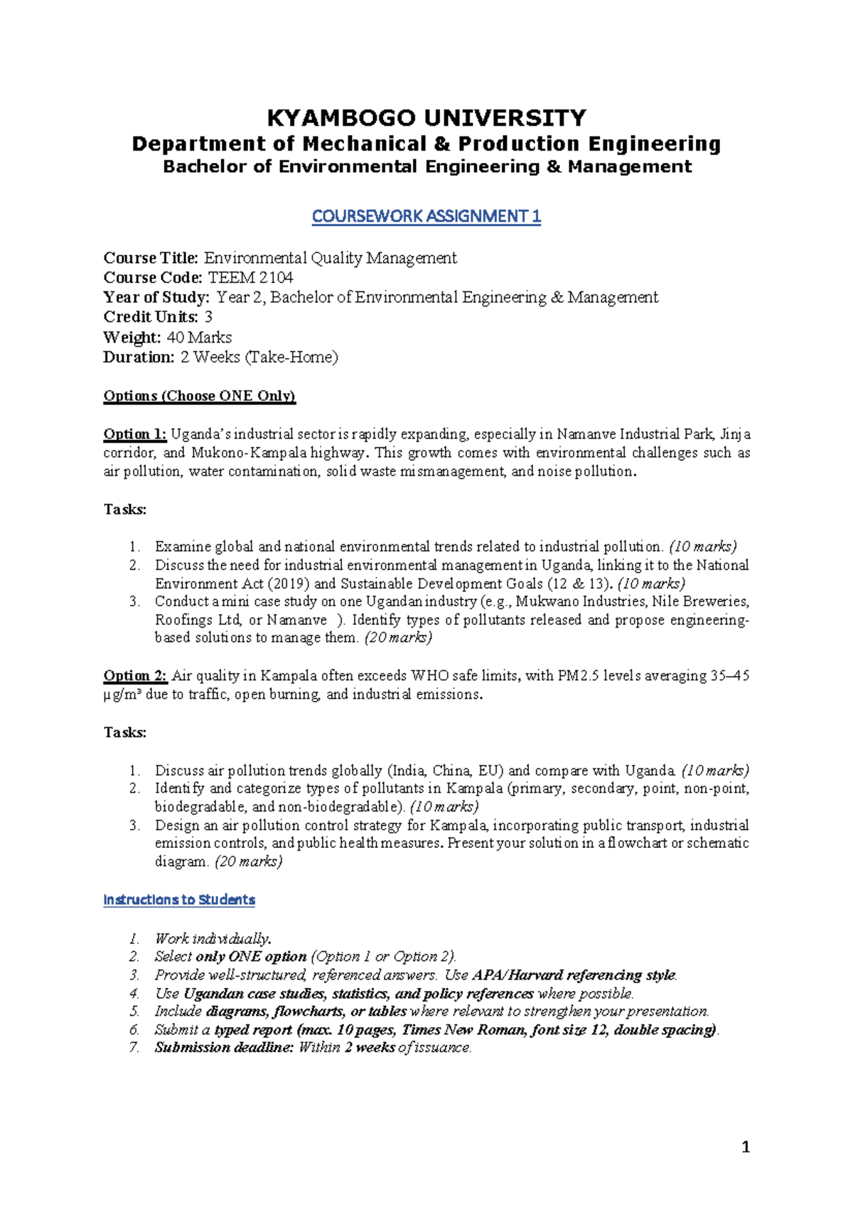 TEEM 2104 Coursework Assignment 1: Environmental Quality Management ...