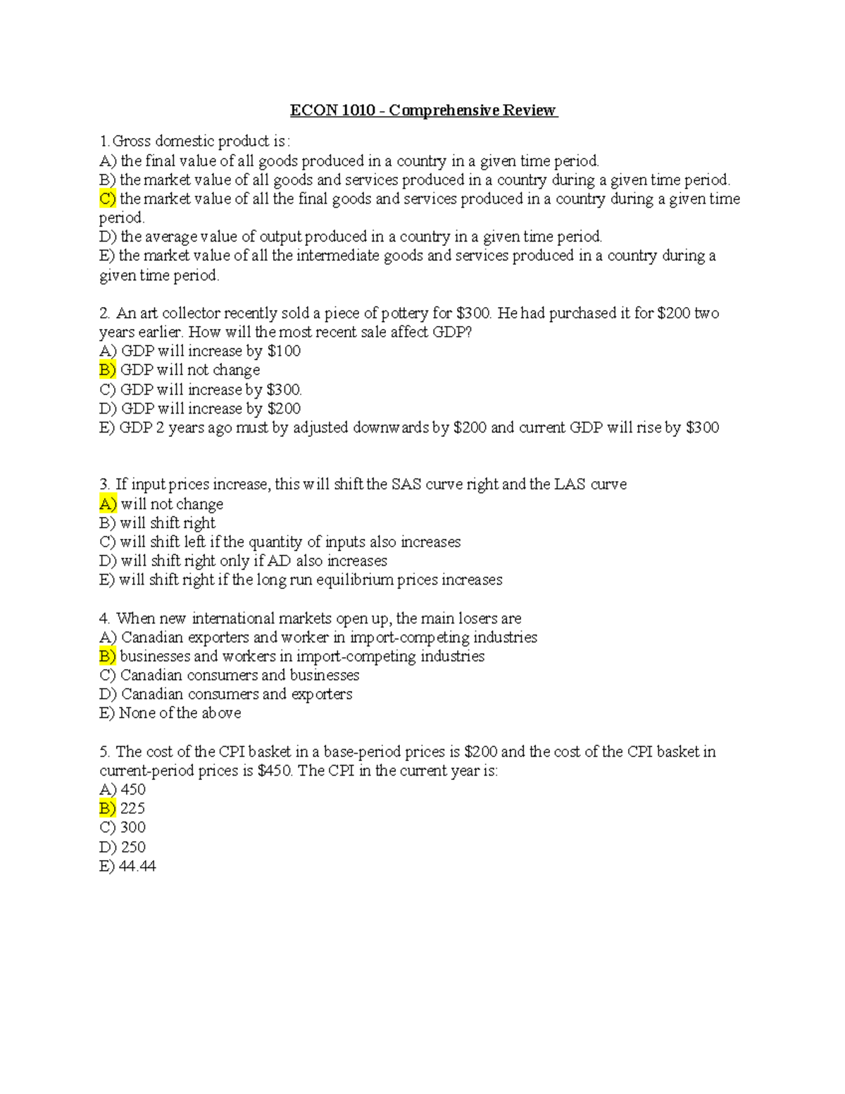 ECON 1010 - Comprehensive Review Worksheet W23 - Studocu