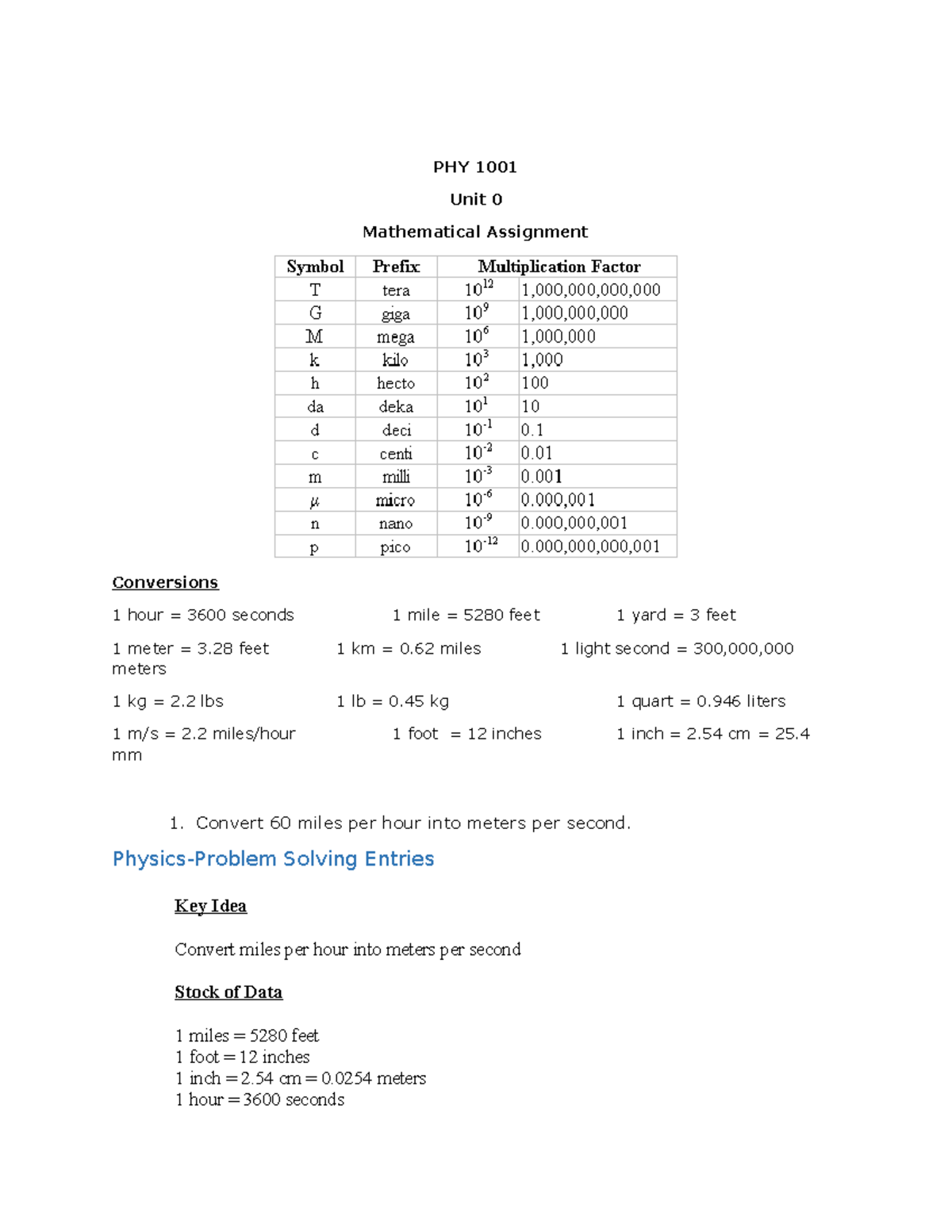 PHY 1001 Unit 0 Mathematical Conversions Assignment and Solutions - Studocu