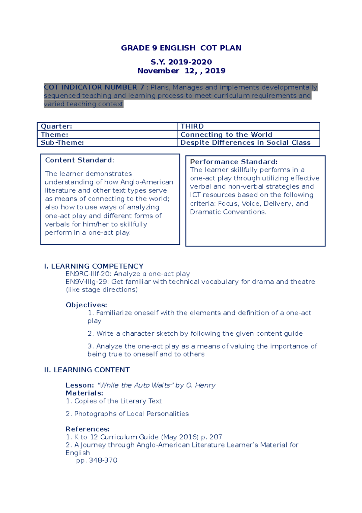 sample lesson plan for English grade 9 - Studocu