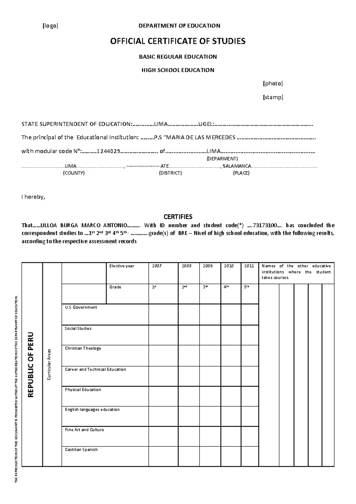 Official Certificate of Studies - Basic Regular Education (2007-2011 ...