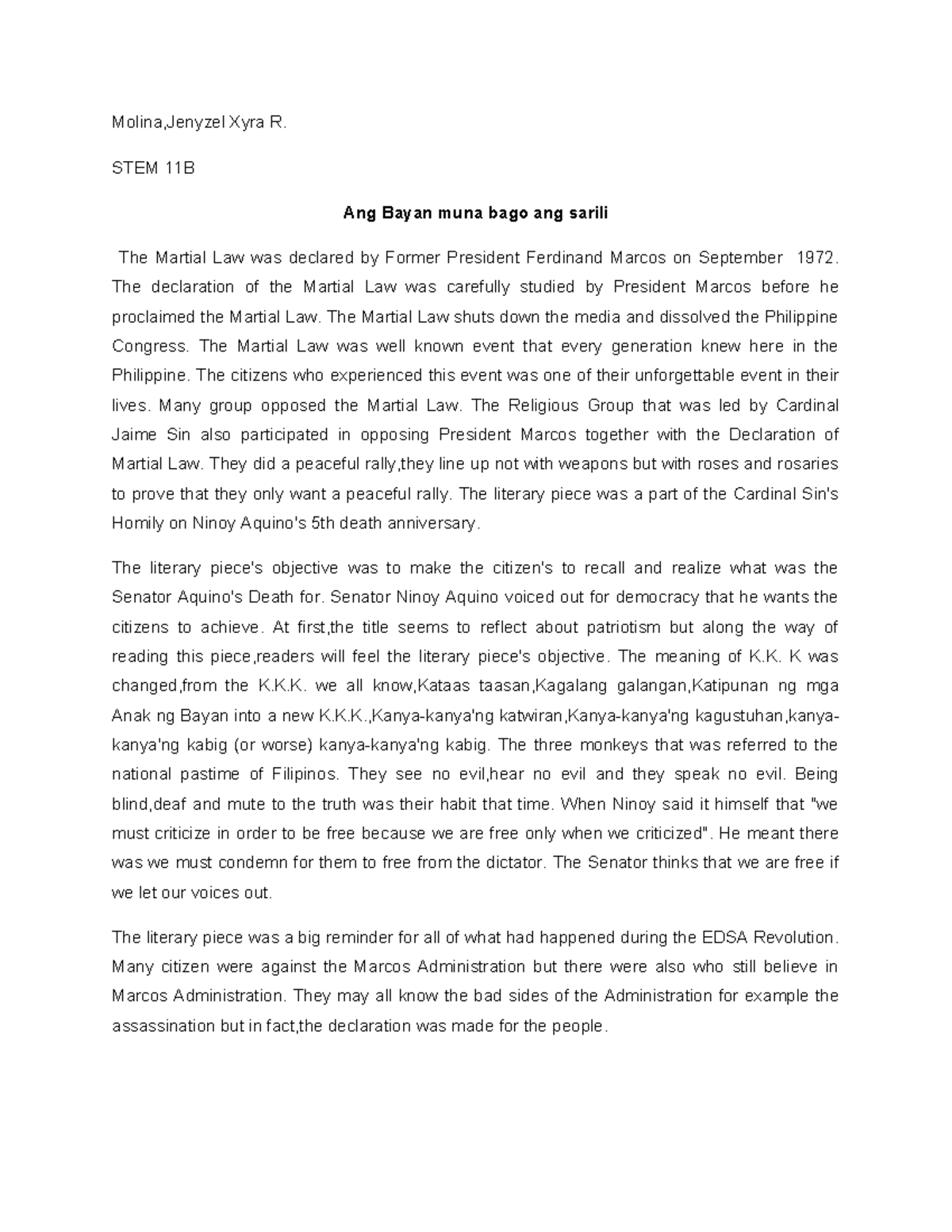 STEM 11B Critique Paper: Insights on Martial Law and EDSA Revolution ...