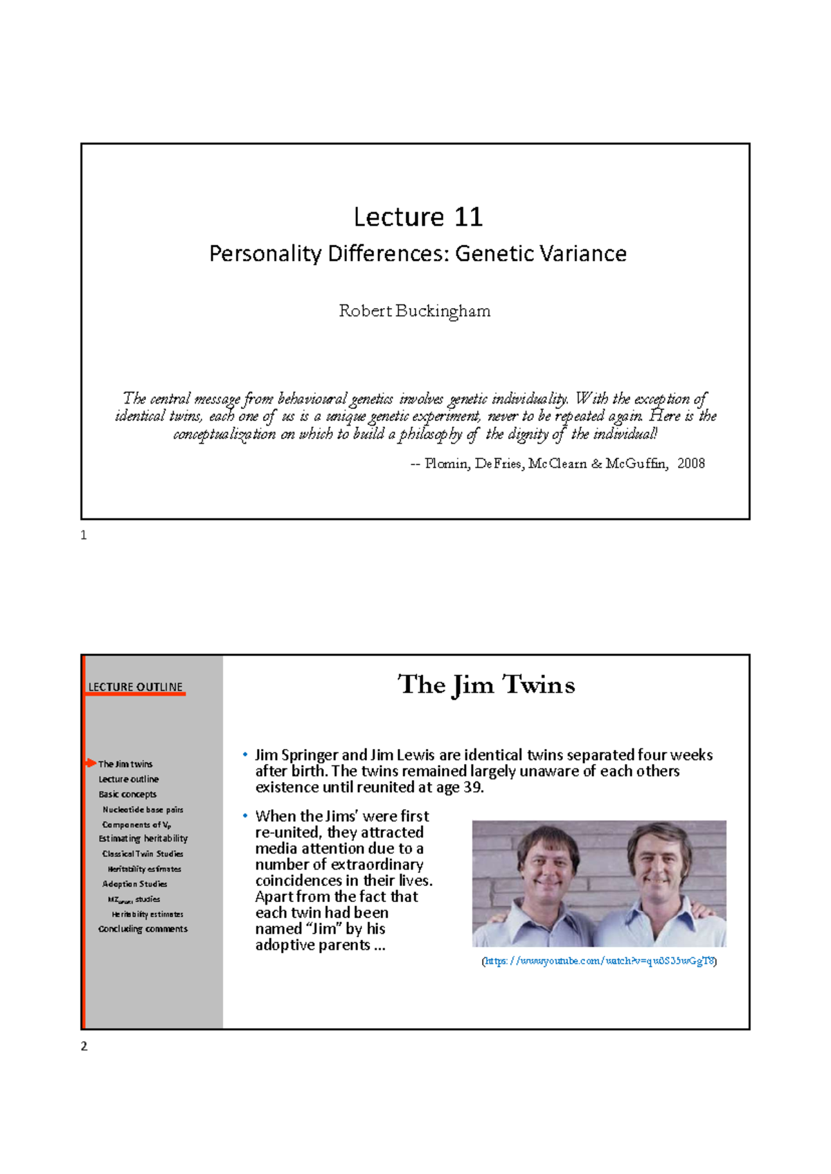 Lecture 11: Personality Differences and Genetic Variance - Studocu