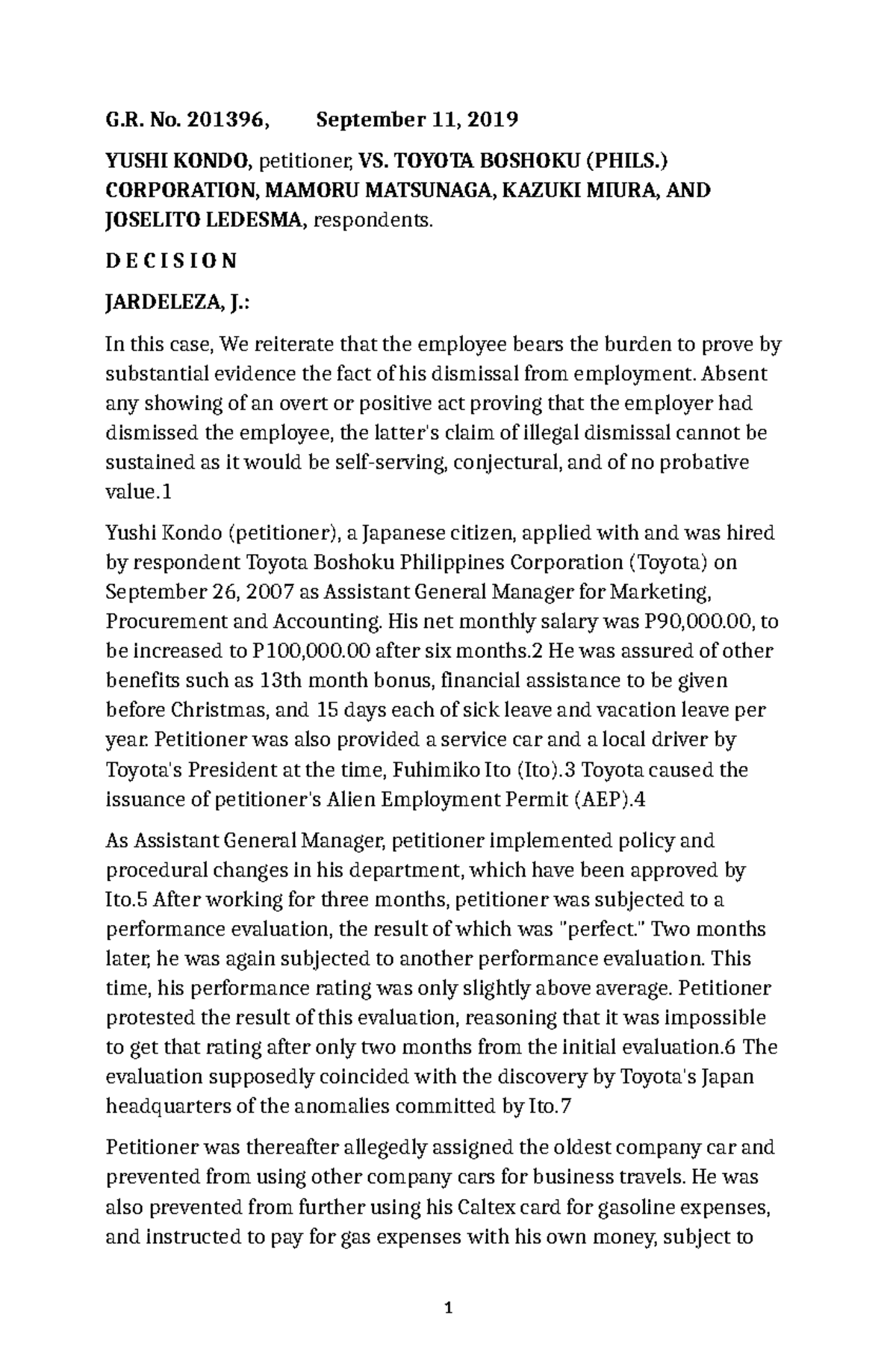G.R. No. 201396 - Yushi Kondo vs. Toyota Boshoku: Decision on ...