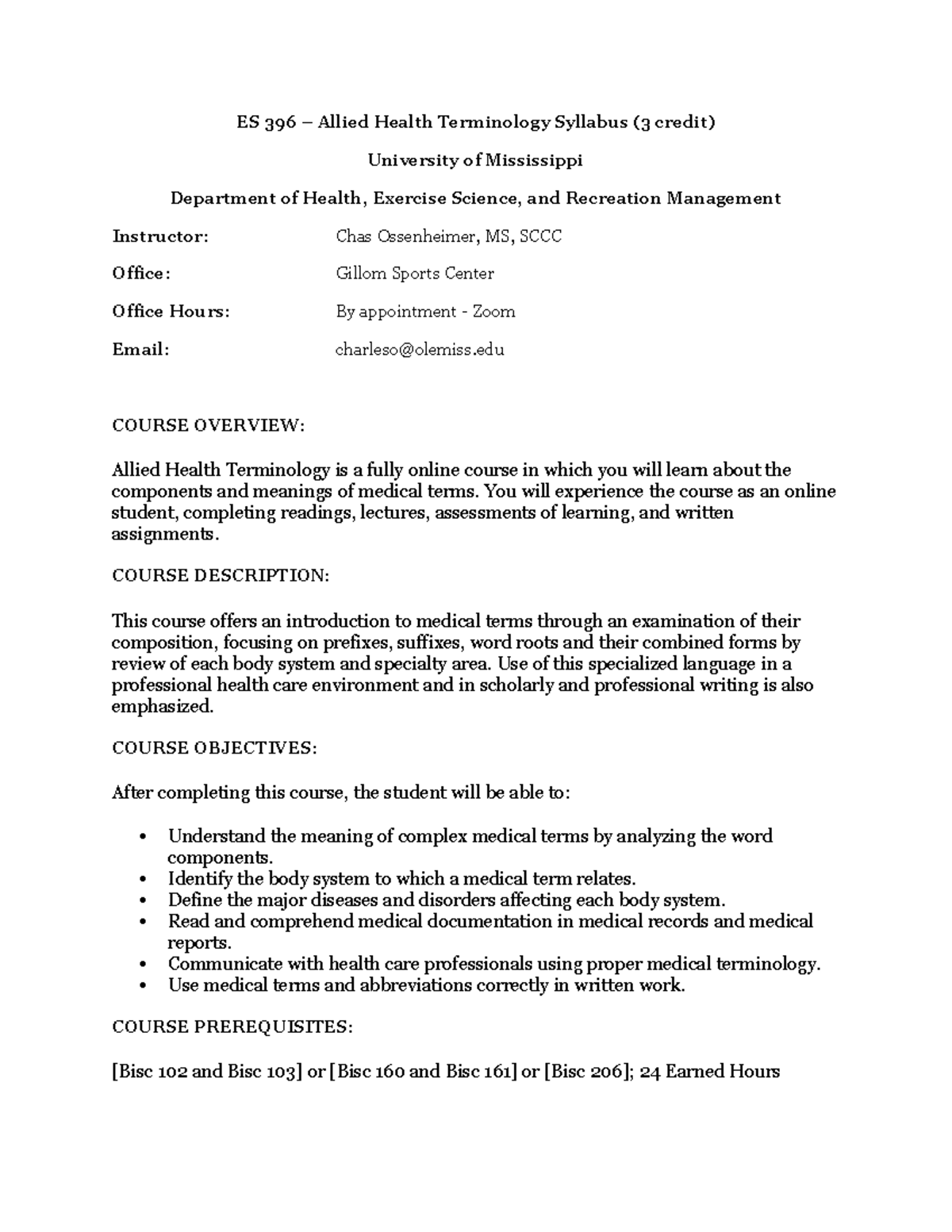 ES 396 - Fall 2023 Syllabus for Allied Health Terminology Course - Studocu
