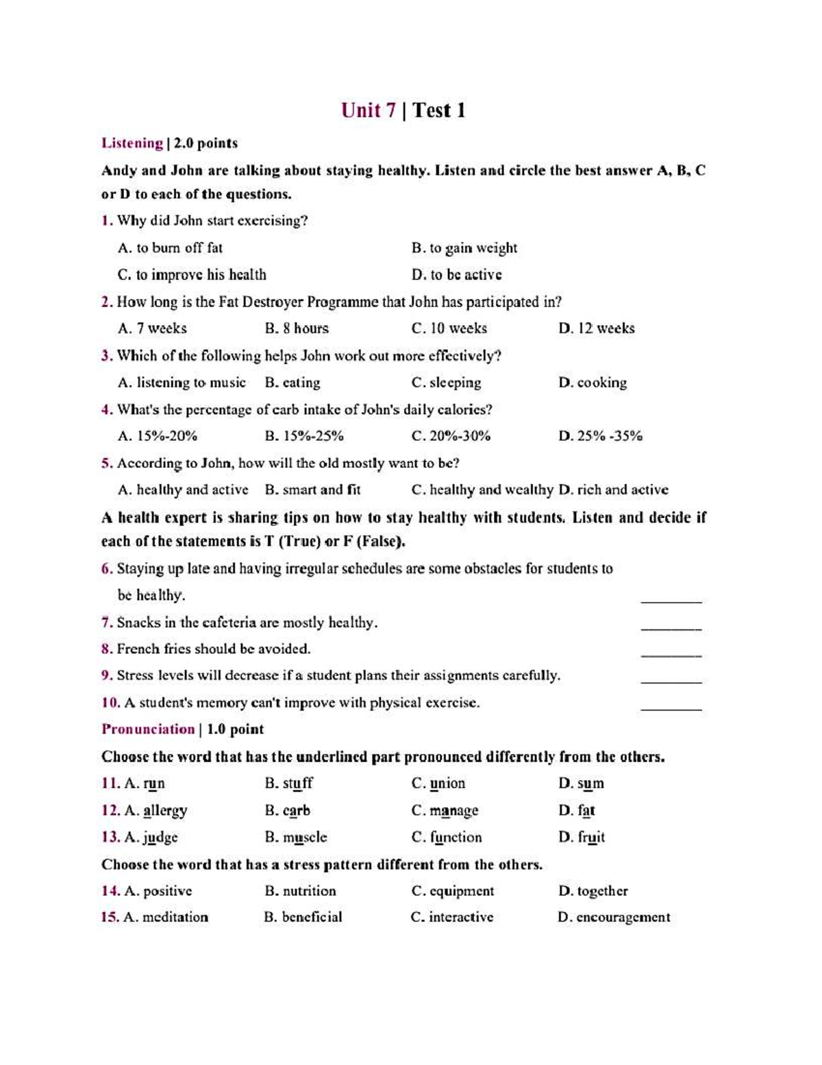 Test U7 - Practice: Listening and Health Benefits - Studocu