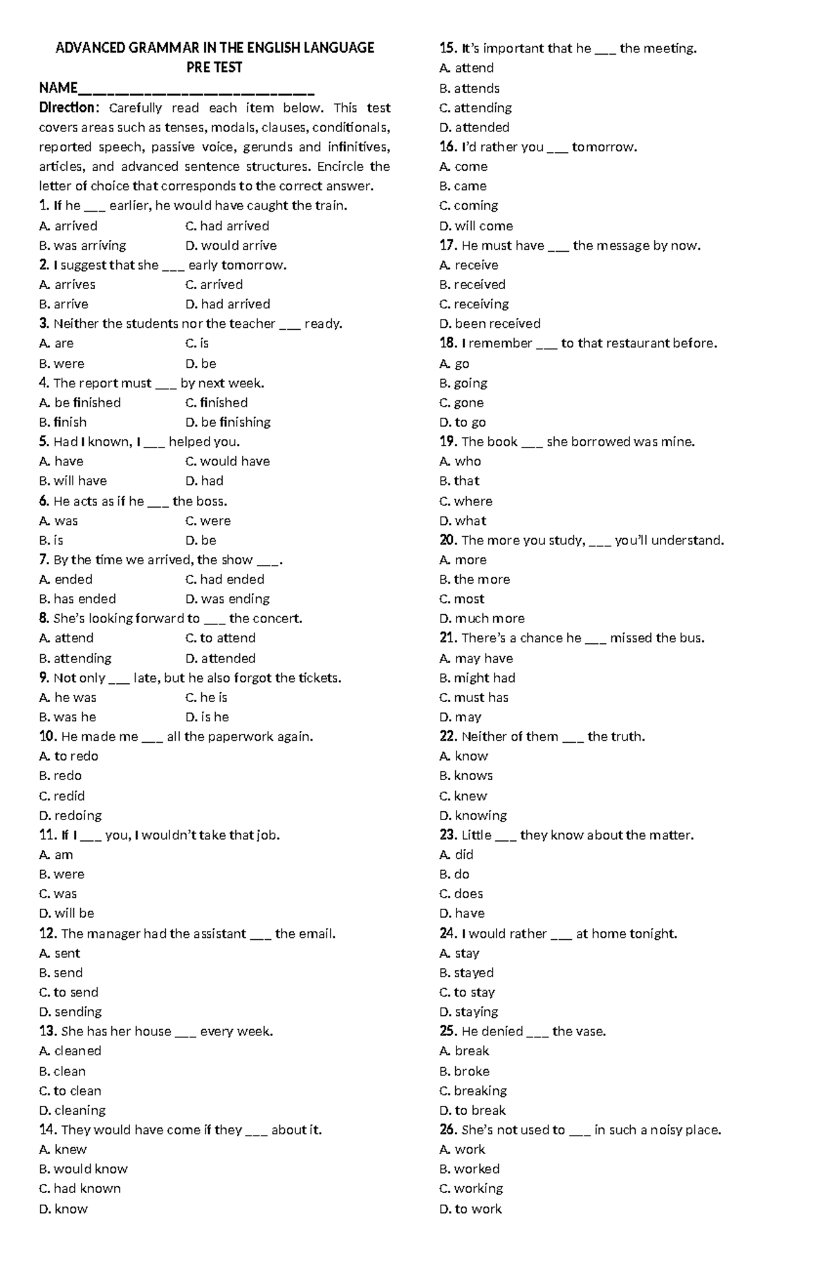 ENG 301: Advanced Grammar Pre-Test on Tenses, Modals, and Structures ...