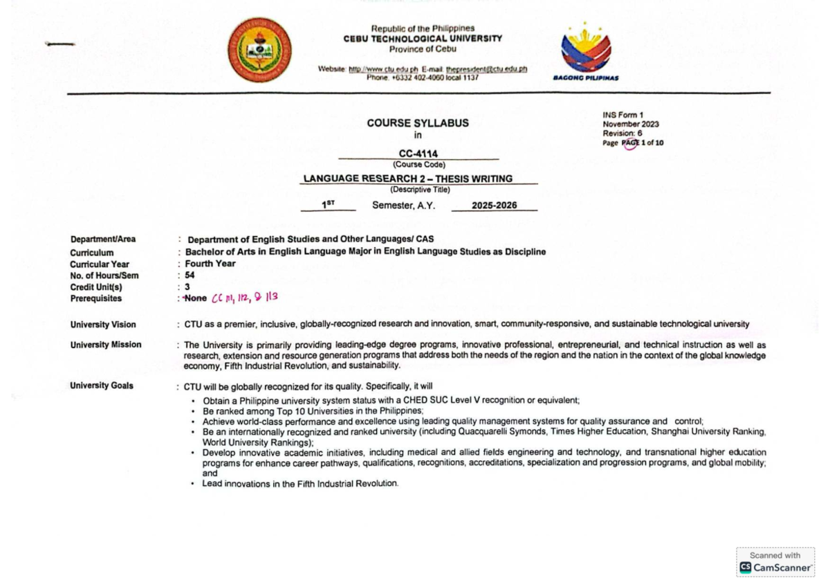 CC 4114 - Language Research 2 Thesis Writing Syllabus (1st Sem, A.Y ...