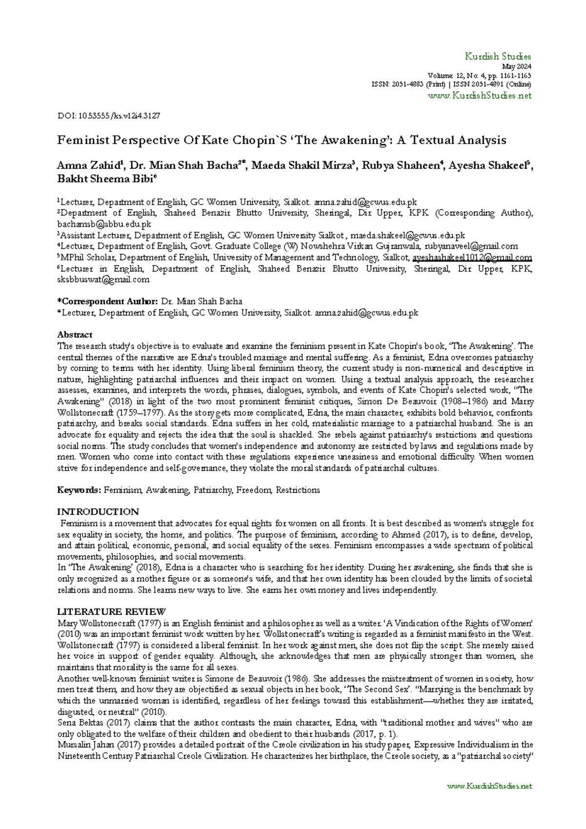 Kurdish Studies 12(4): Feminist Analysis of Kate Chopin's The Awakening ...
