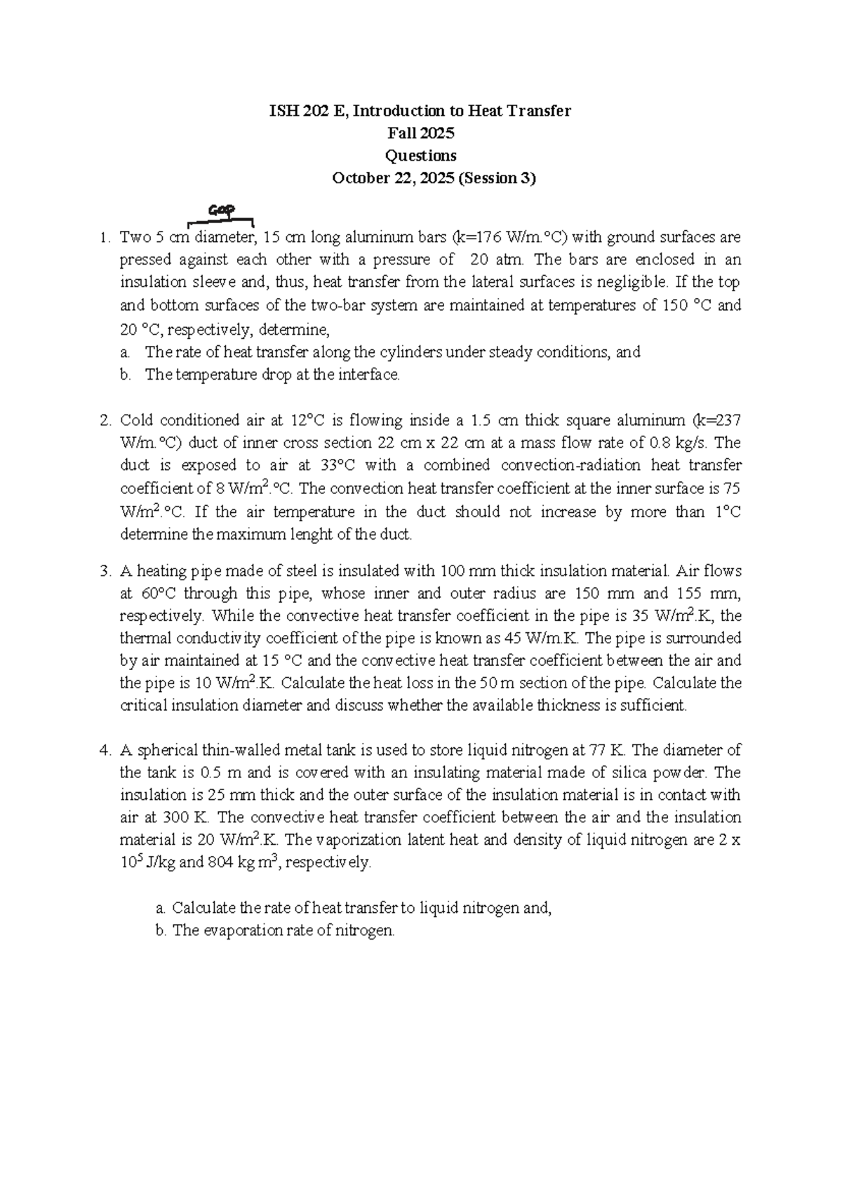 ISH 202 E, Heat Transfer Fall 2025 Exam Questions and Solutions - Studocu