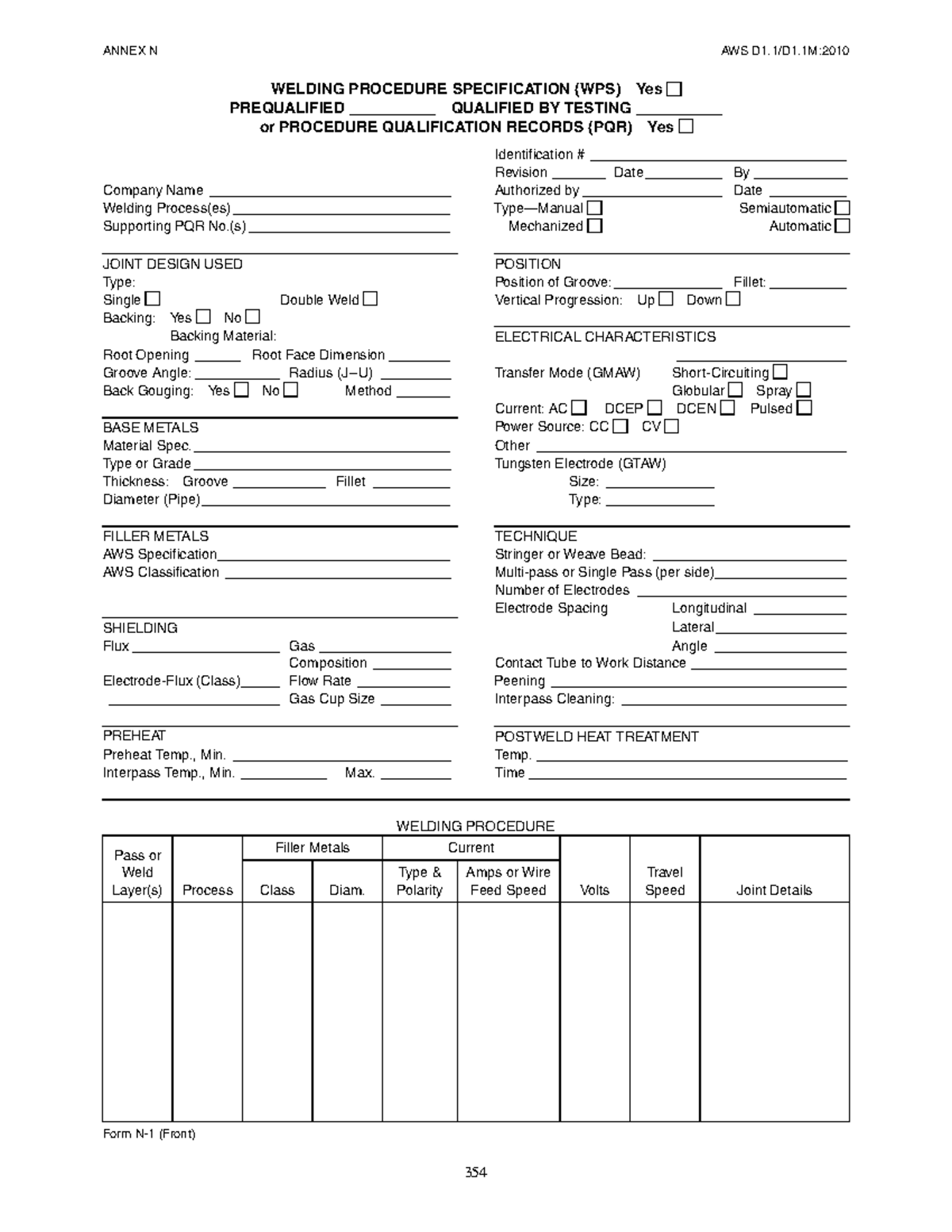 AWS D1.1 Form N1 - Welding Procedure Specification (WPS) Details - Studocu