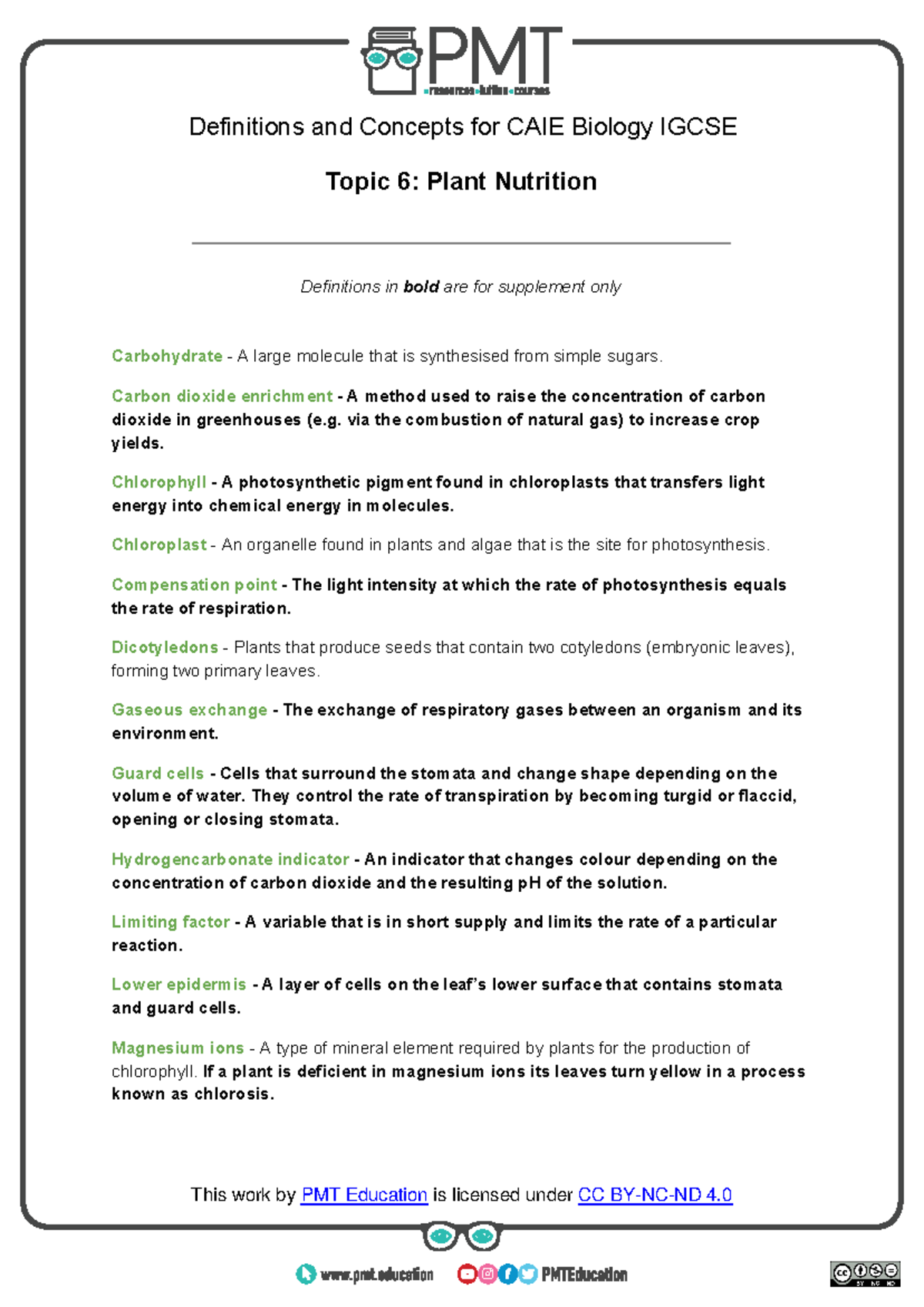Definitions for Topic 6: Plant Nutrition - CAIE Biology IGCSE - Studocu