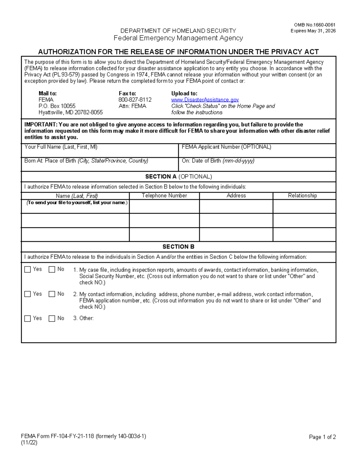 Fema form ff-104-fy-21-118 - The purpose of this form is to allow you ...