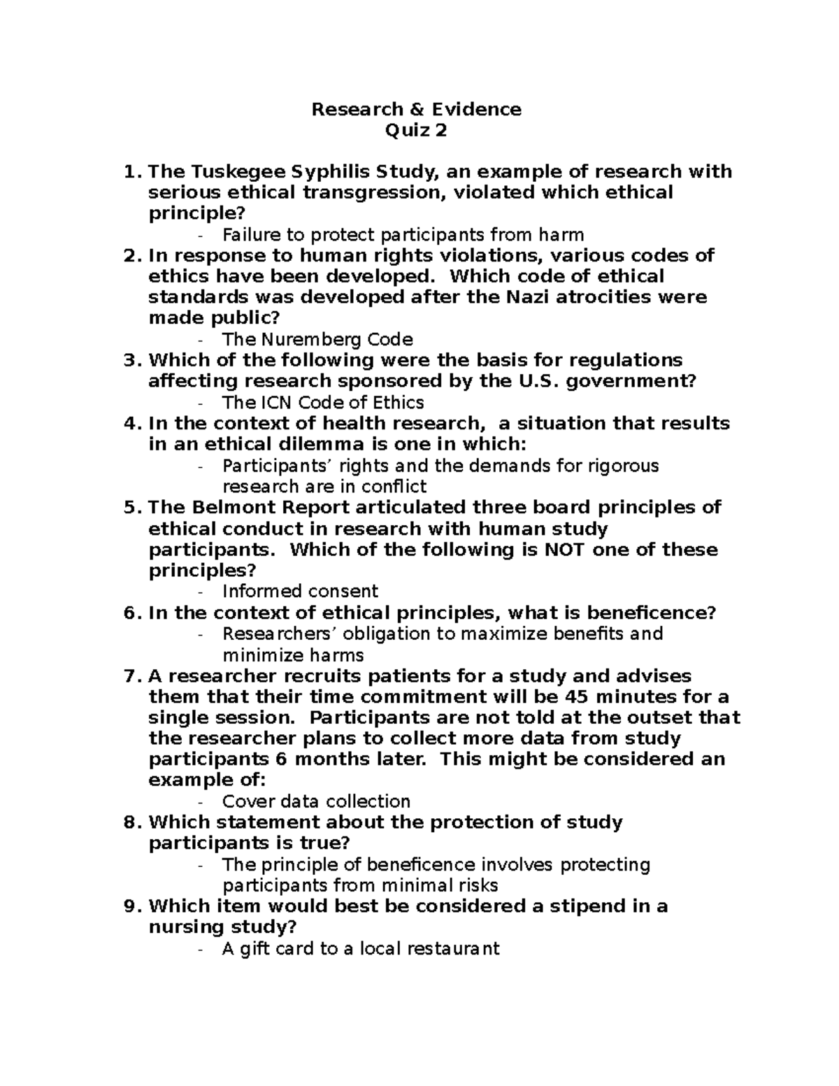 Quiz 2 (4+18) - Ethical Considerations in Health Research - Studocu
