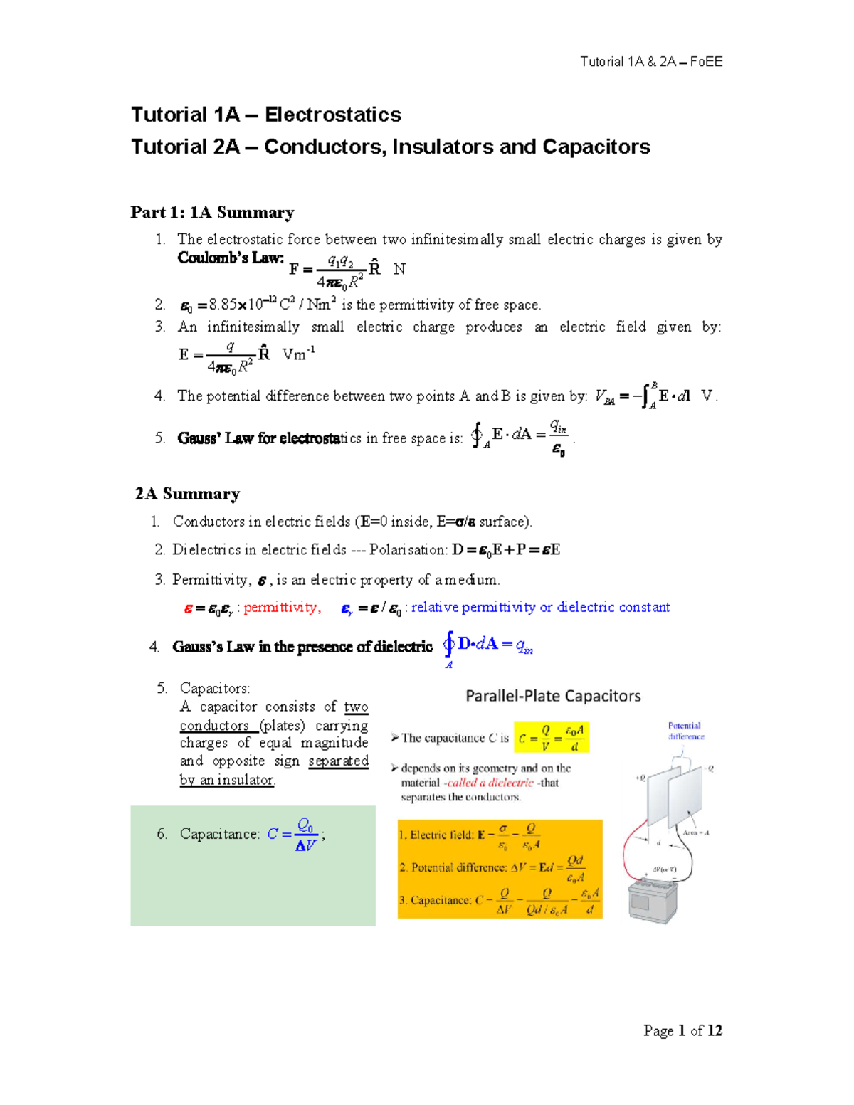 FoEE Tut 1A & 2A Summary: Electrostatics & Capacitors Insights - Studocu
