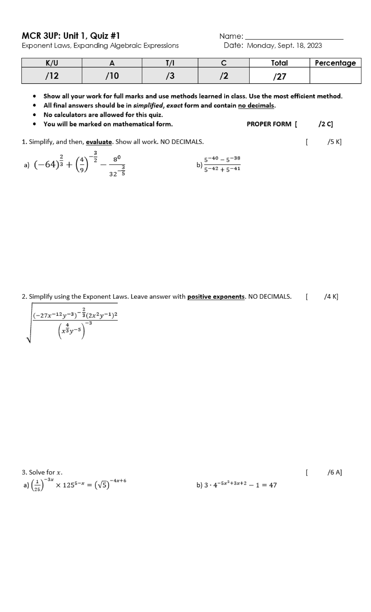 MCR 3UP: Unit 1 & 2 Quiz and Test Review on Algebraic Concepts - Studocu