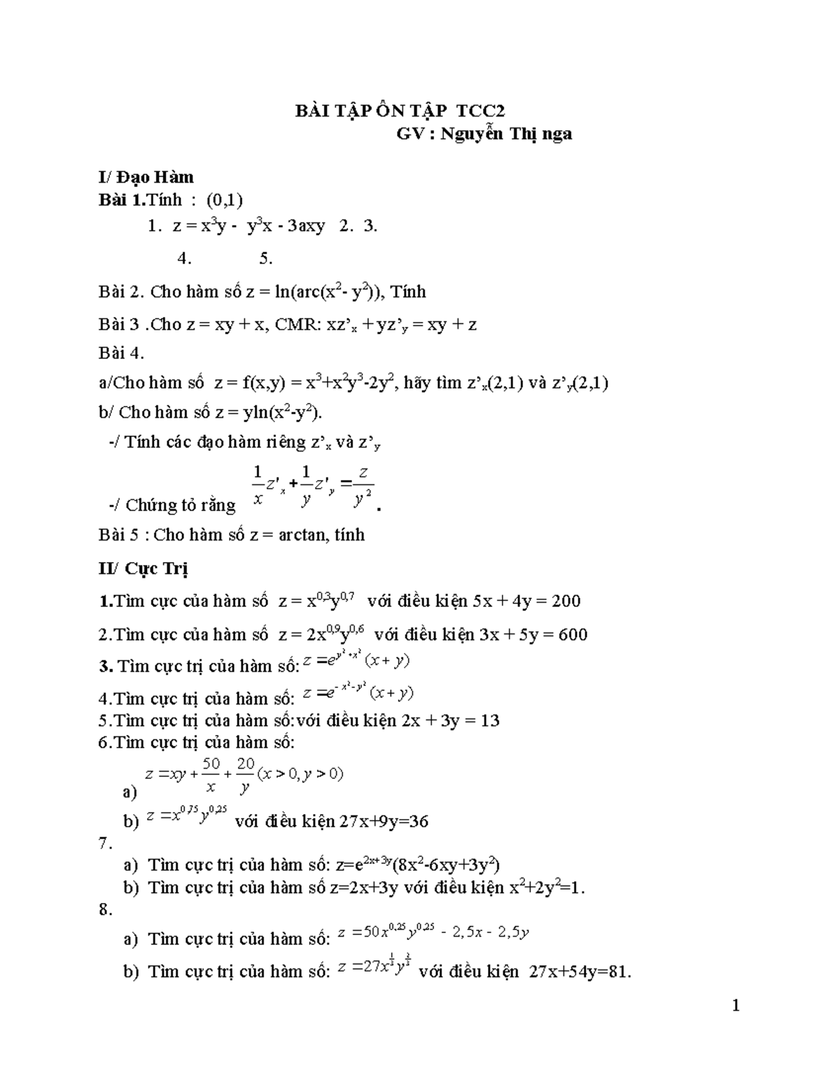 BT-TCC2-ôn - adsfd - BÀI TẬP ÔN TẬP TCC GV : Nguyễn Thị nga I/ Đạo Hàm Bài 1. Tính : (0,1) 1. z ...