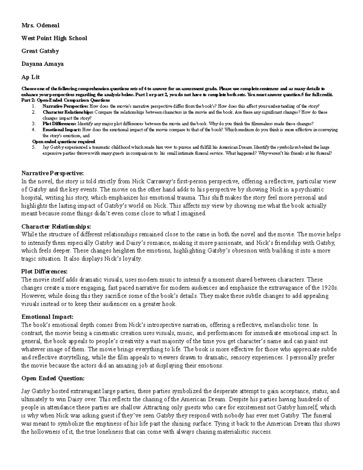 Great Gatsby AP Lit Movie vs. Book Analysis - Test 1 - Studocu