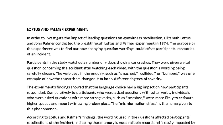 Loftus & Palmer Experiment: Impact of Leading Questions on Memory - Studocu