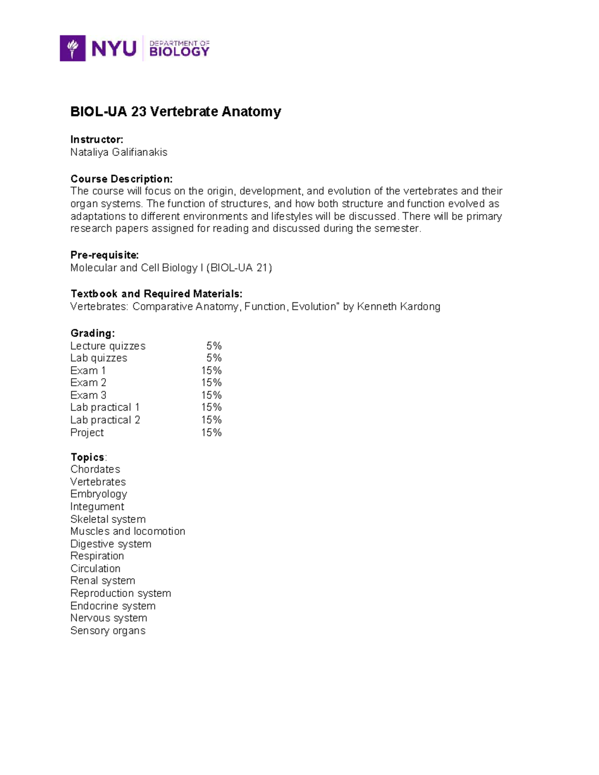 Vertebrate Anatomy Course Notes BIOL-UA23 - 2019 Edition - Studocu