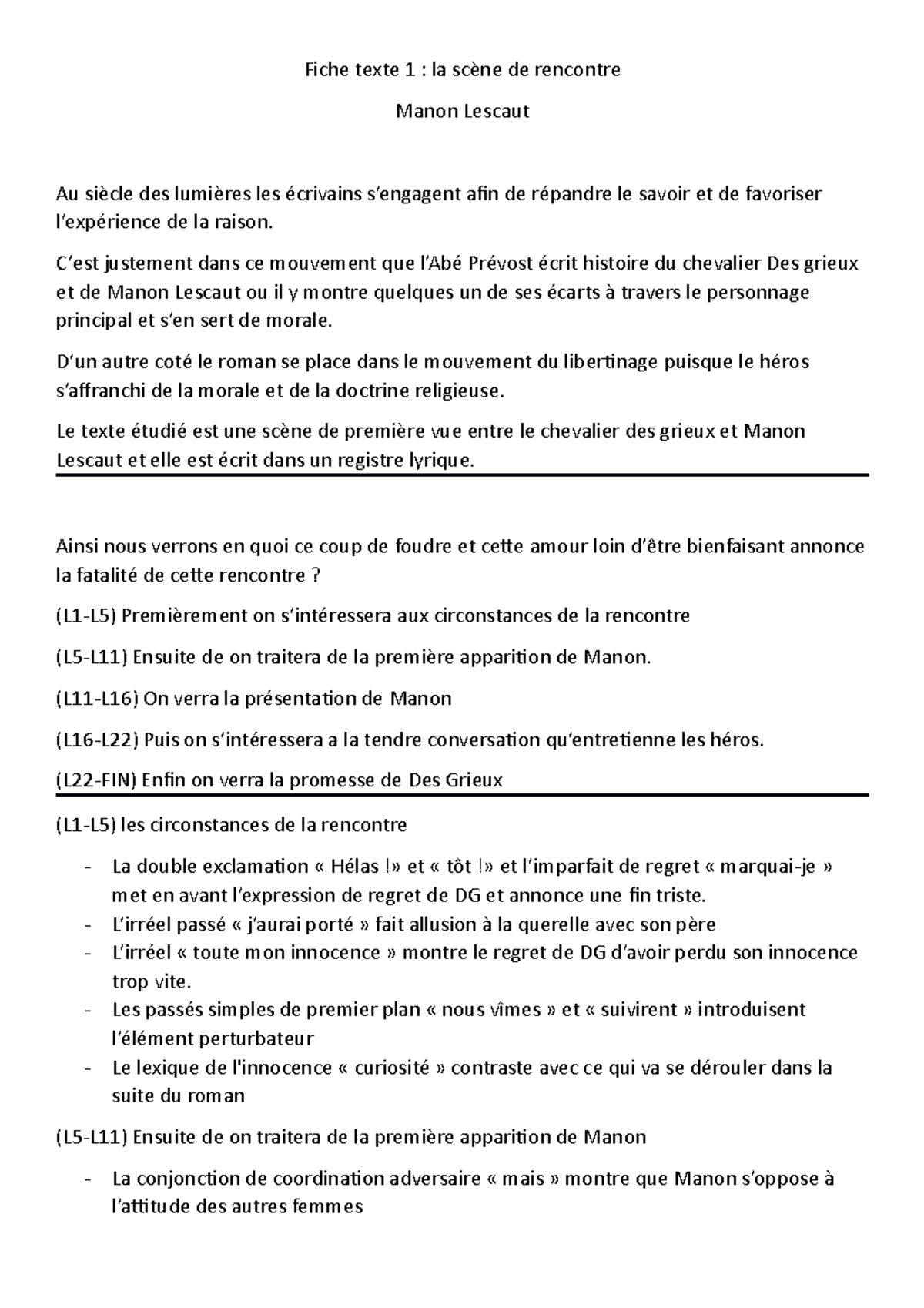 Fiche Texte 1 : Analyse de la Rencontre de Manon Lescaut - Studocu